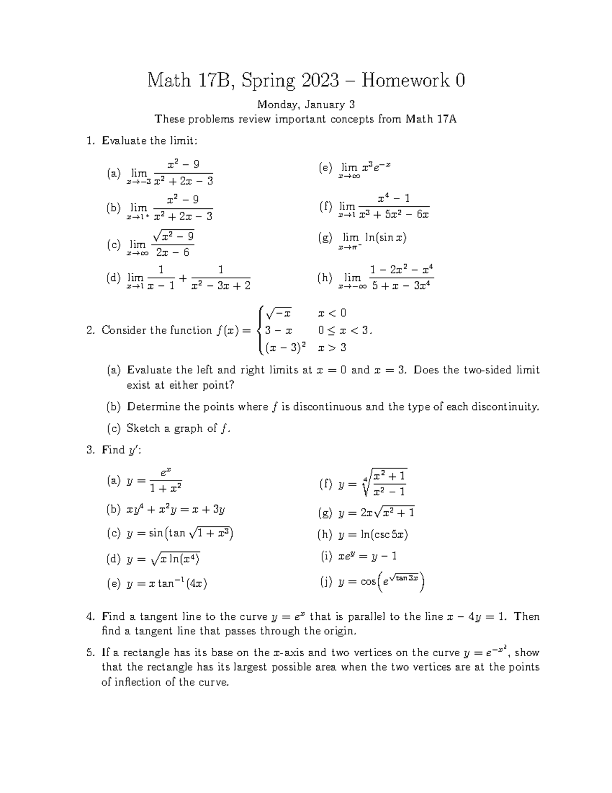 Homework 0 - Math 17B, Spring 2023 – Homework 0 Monday, January 3 These problems review ...