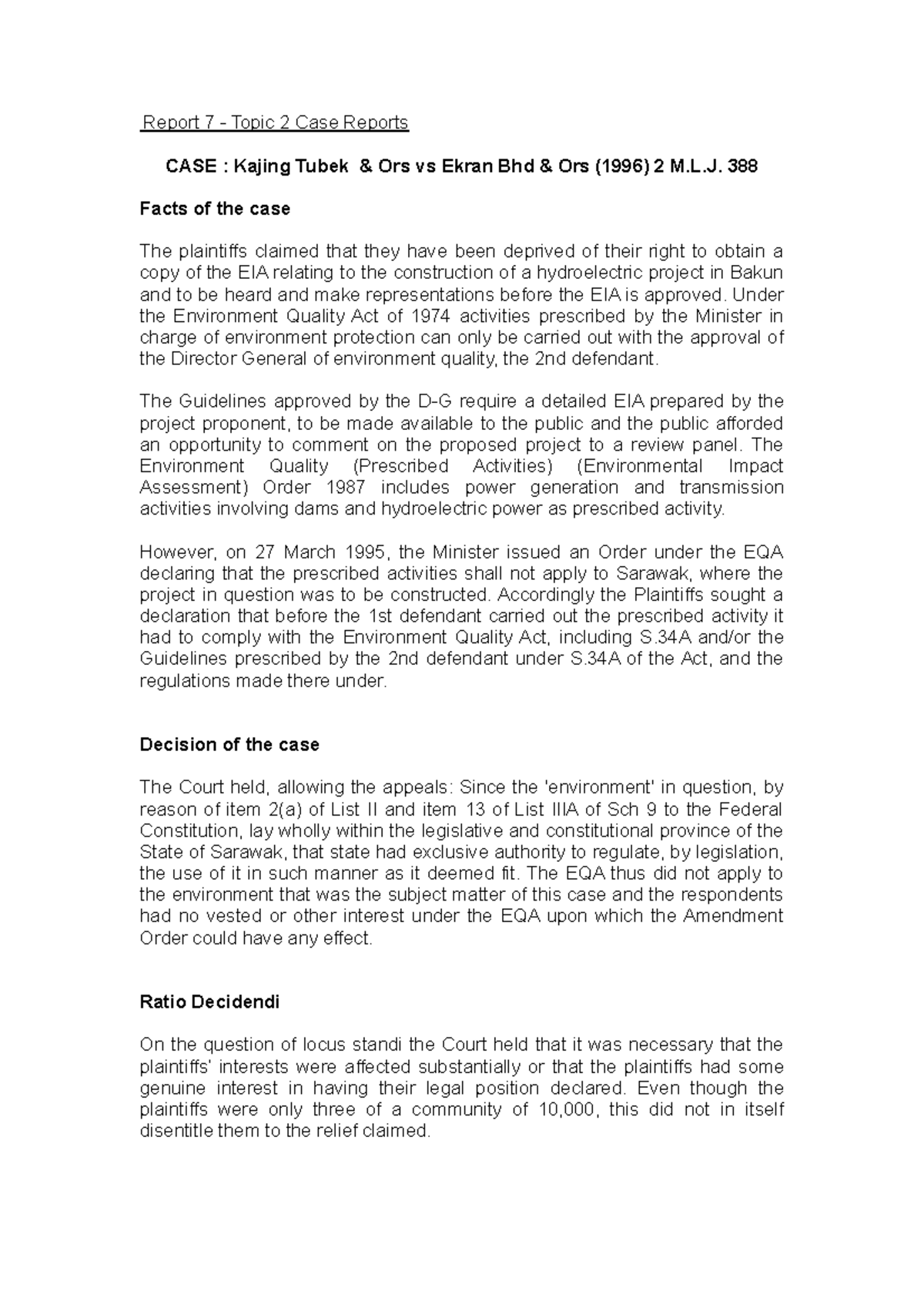 Report 7 - Case facts and ratio - Report 7 - Topic 2 Case Reports CASE ...