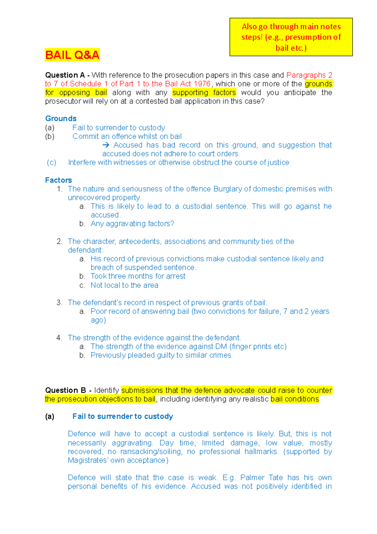 Bail Questions and answers - BAIL Q&A Question A - With reference to the prosecution papers in ...