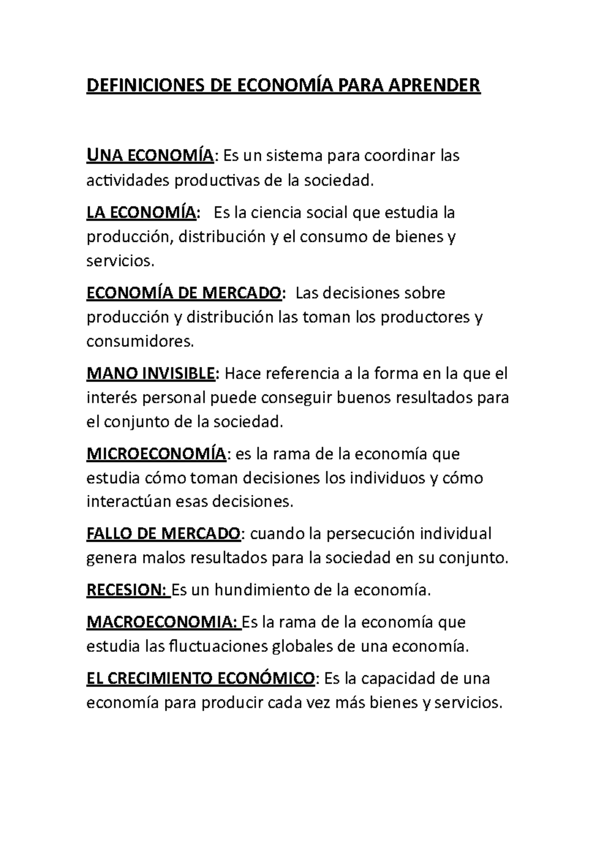 Definiciones DE EconomÍa PARA Aprender - DEFINICIONES DE ECONOMÍA PARA ...