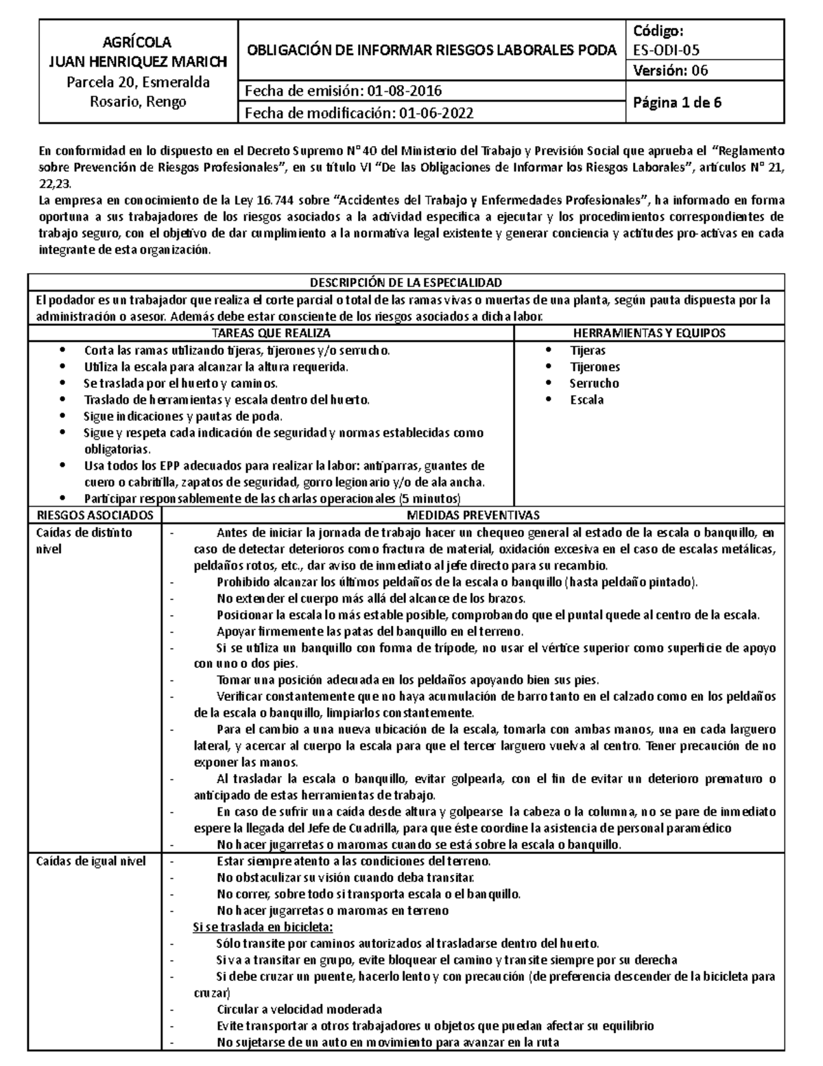 ES-ODI-05 Obligación de informar Poda - AGRÍCOLA JUAN HENRIQUEZ MARICH Parcela 20, Esmeralda ...
