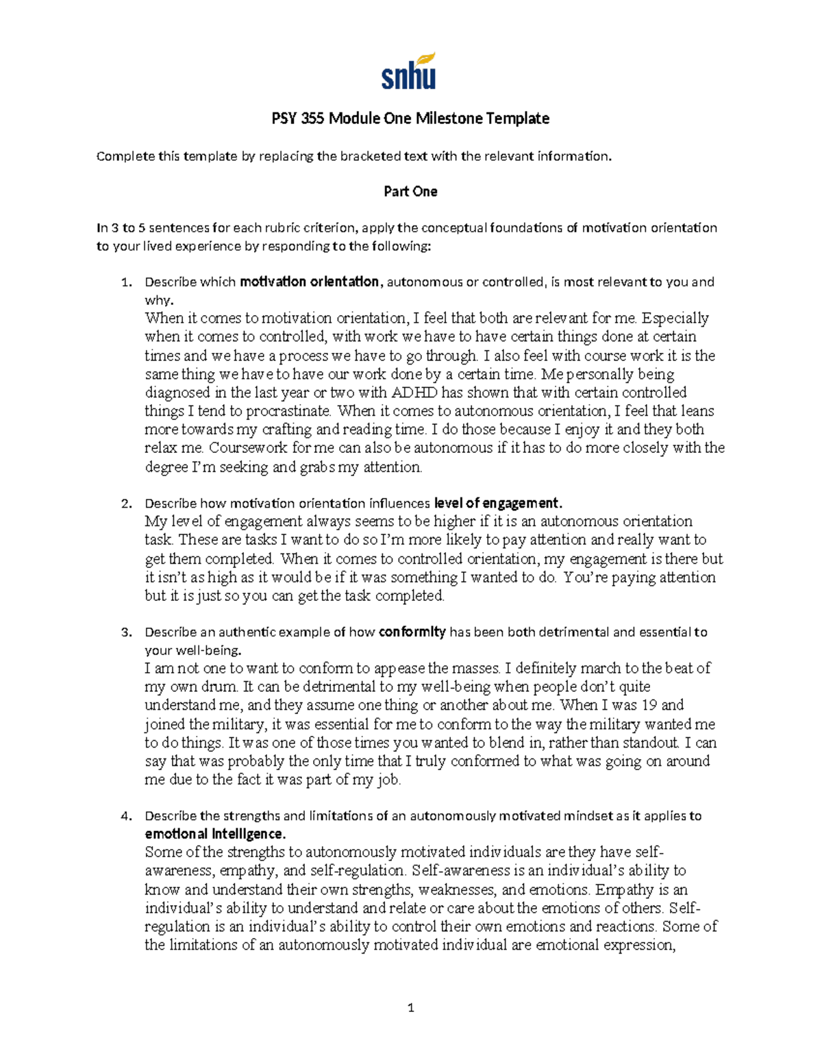 PSY 355 Module One Milestone - Part One In 3 to 5 sentences for each rubric criterion, apply the ...