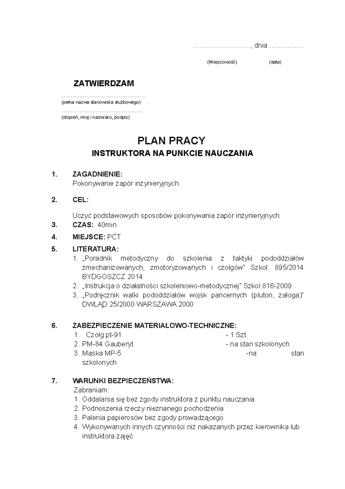 Pokonywanie Zapór Inż Dnia Miejscowość Data