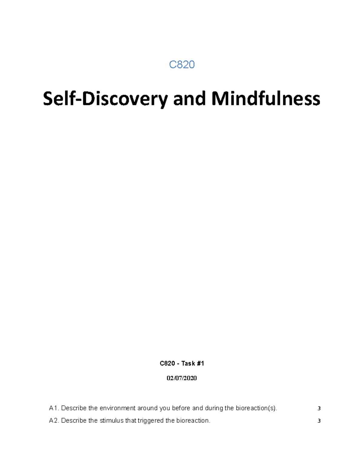C820 Task 1 - c820 task 1 - Self-Discovery and Mindfulness - C C820 ...