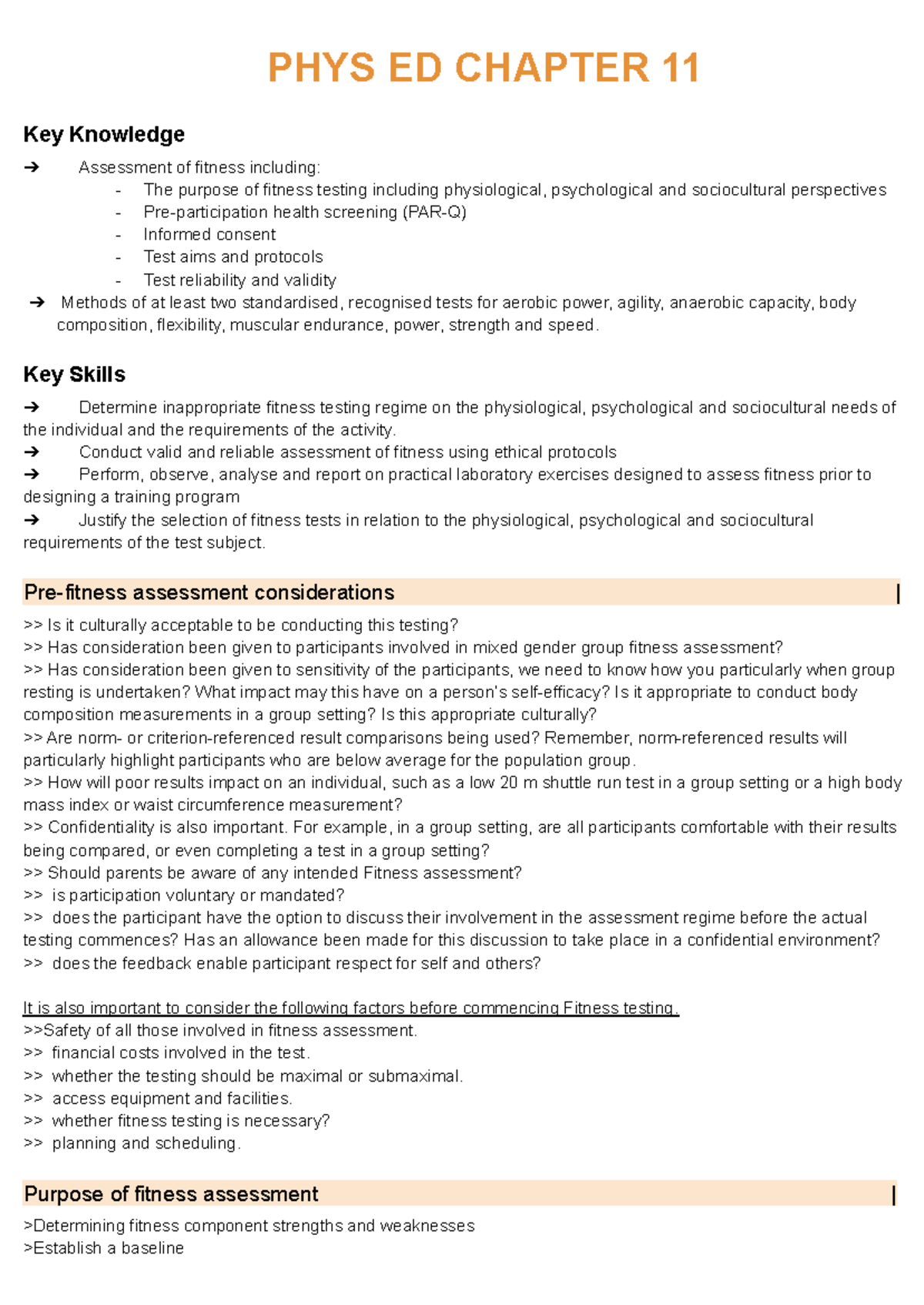 PHYS ED Chapter 11 - Year 12 summaries - PHYS ED CHAPTER 11 Key Knowledge Assessment of fitness ...