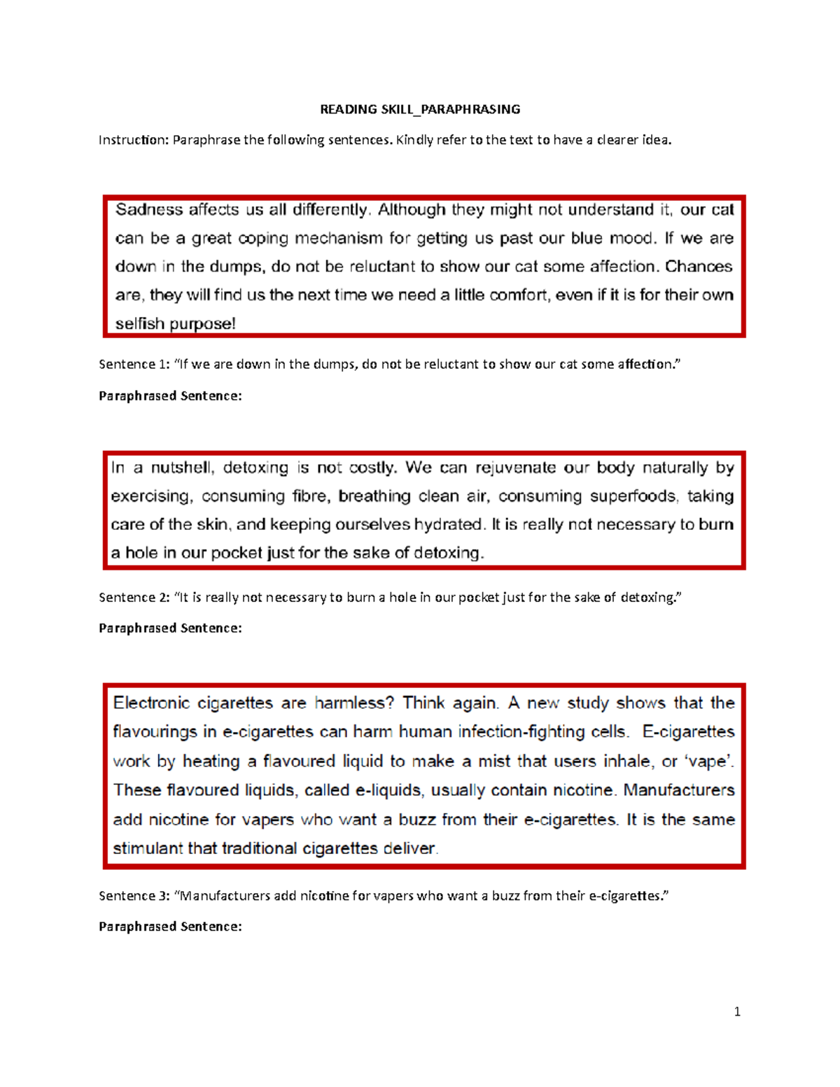 Reading Skill Paraphrasing - READING SKILL_PARAPHRASING Instruction ...