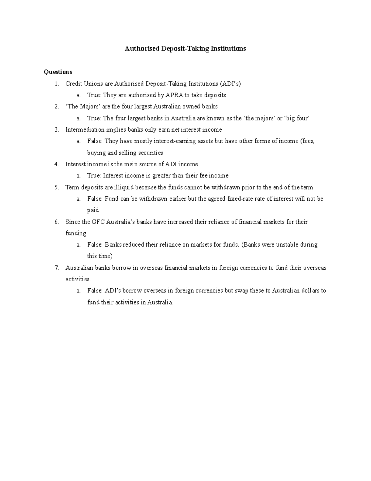 Tutorial 5 - Authorised Deposit-Taking Institutions Questions 1. Credit ...