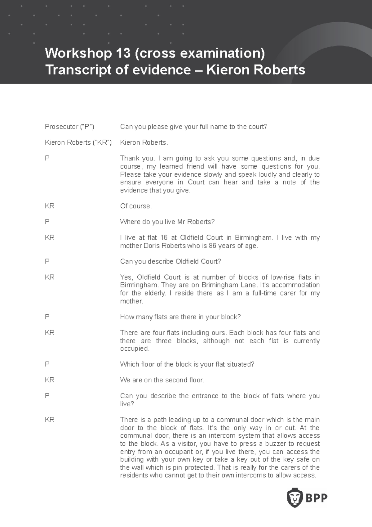 Law of tort material - Workshop 13 (cross examination) Transcript of ...