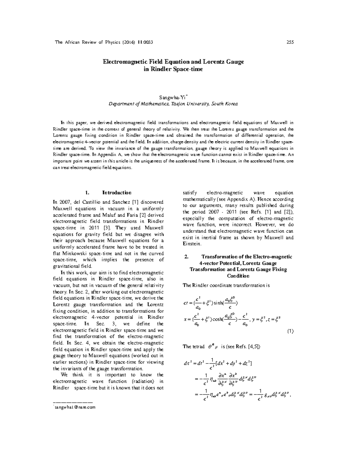 A.3.Electromagnetic Field Equation and Lorentz Gauge in Rindler space ...