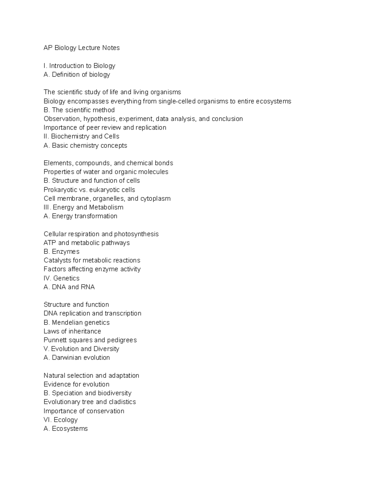 AP Biology Lecture Notes - Introduction to Biology A. Definition of ...