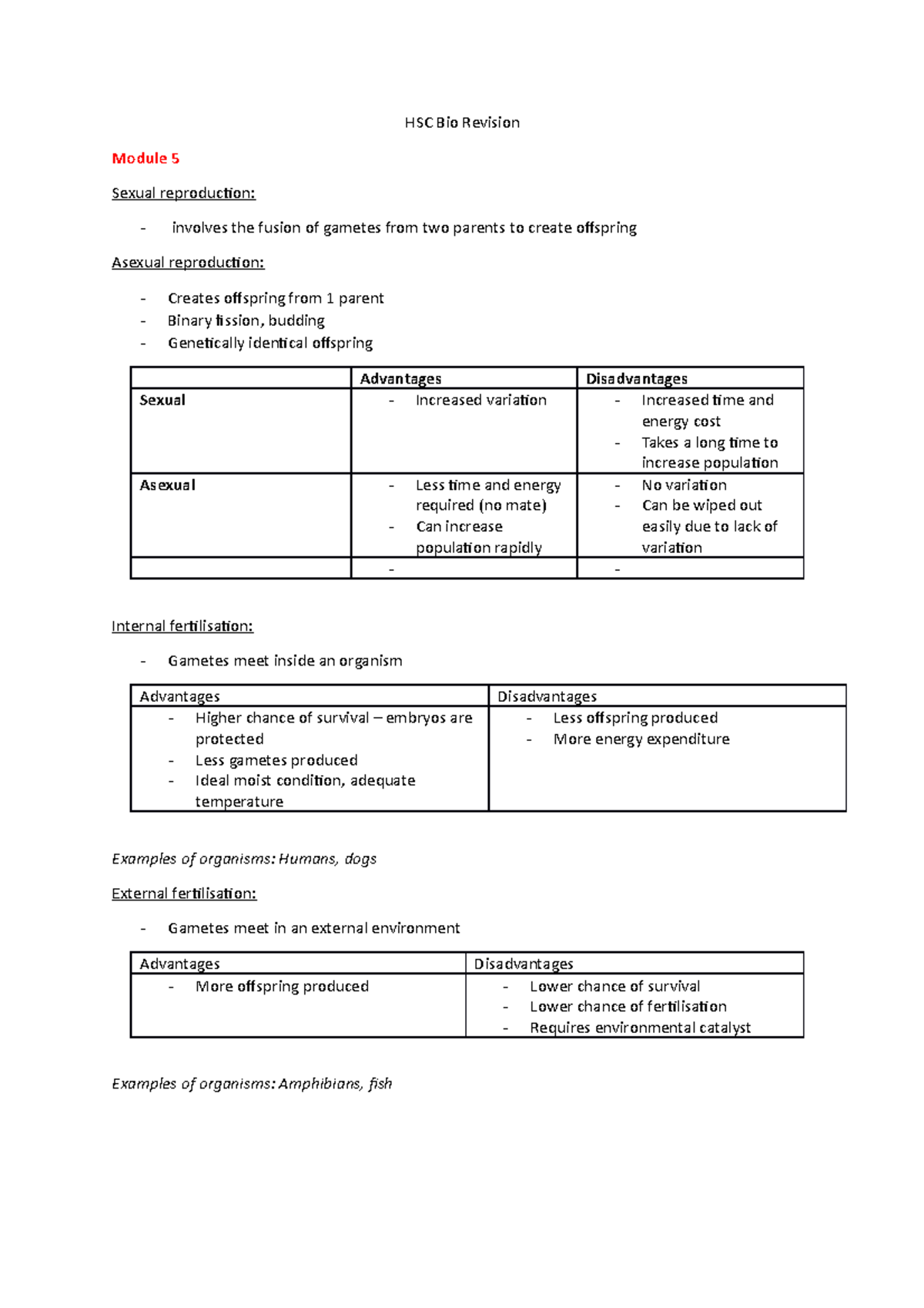 Year 12 bio notes which can apply - HSC Bio Revision Module 5 Sexual ...