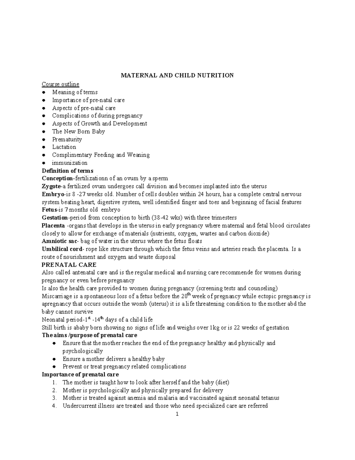 Maternal AND Child Notes - MATERNAL AND CHILD NUTRITION Course outline ...