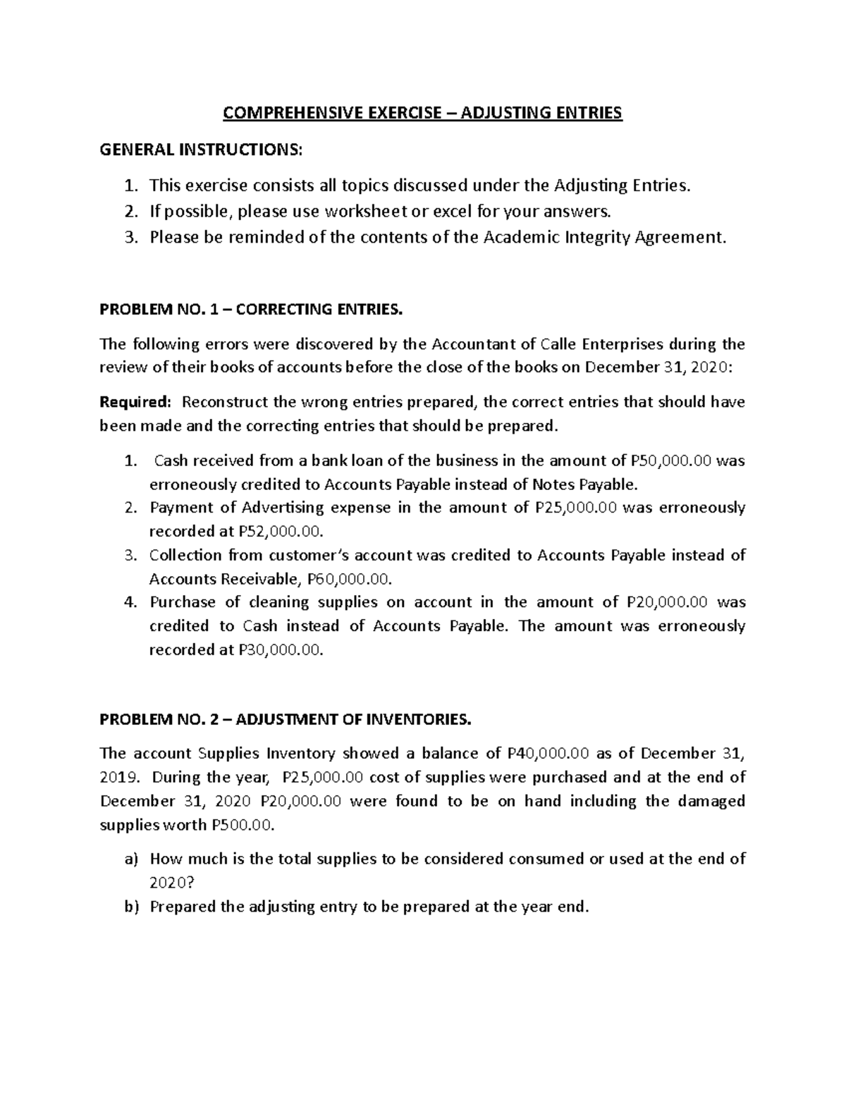 Comprehensive Exercise AJE - COMPREHENSIVE EXERCISE – ADJUSTING ENTRIES ...