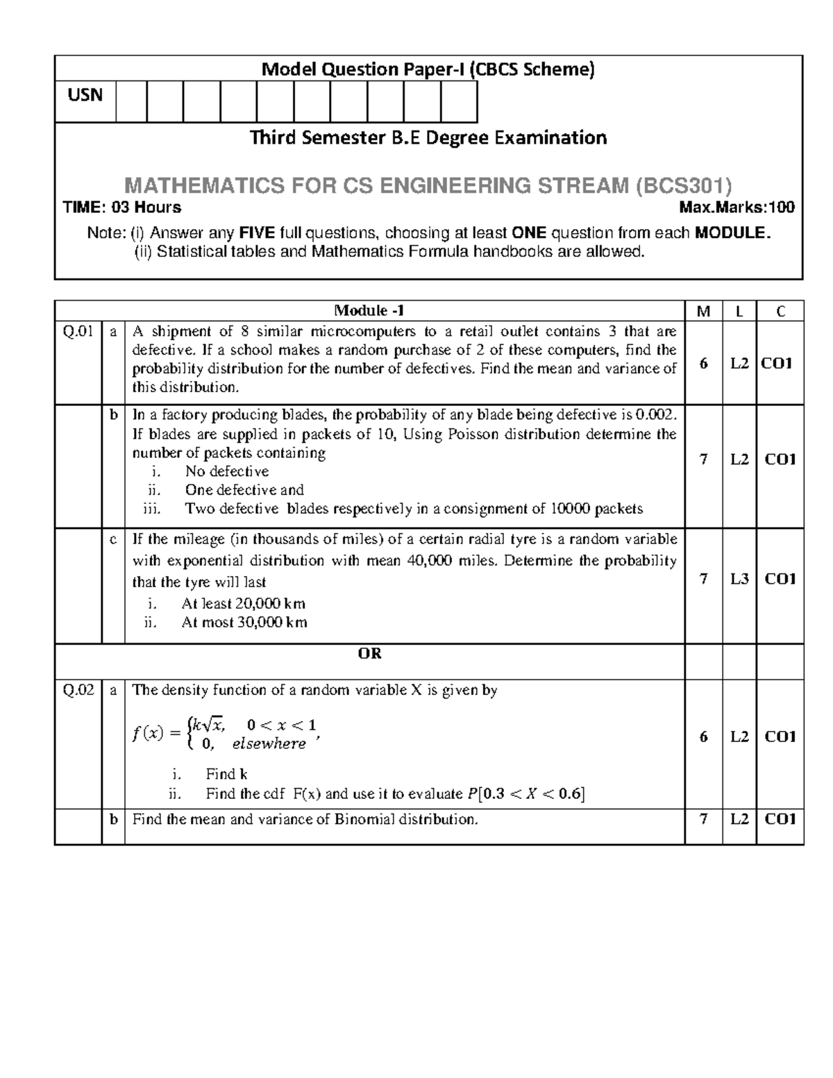 3rd Sem Mathematics Model Question Paper 1 for 3rd semester BCS301 ...