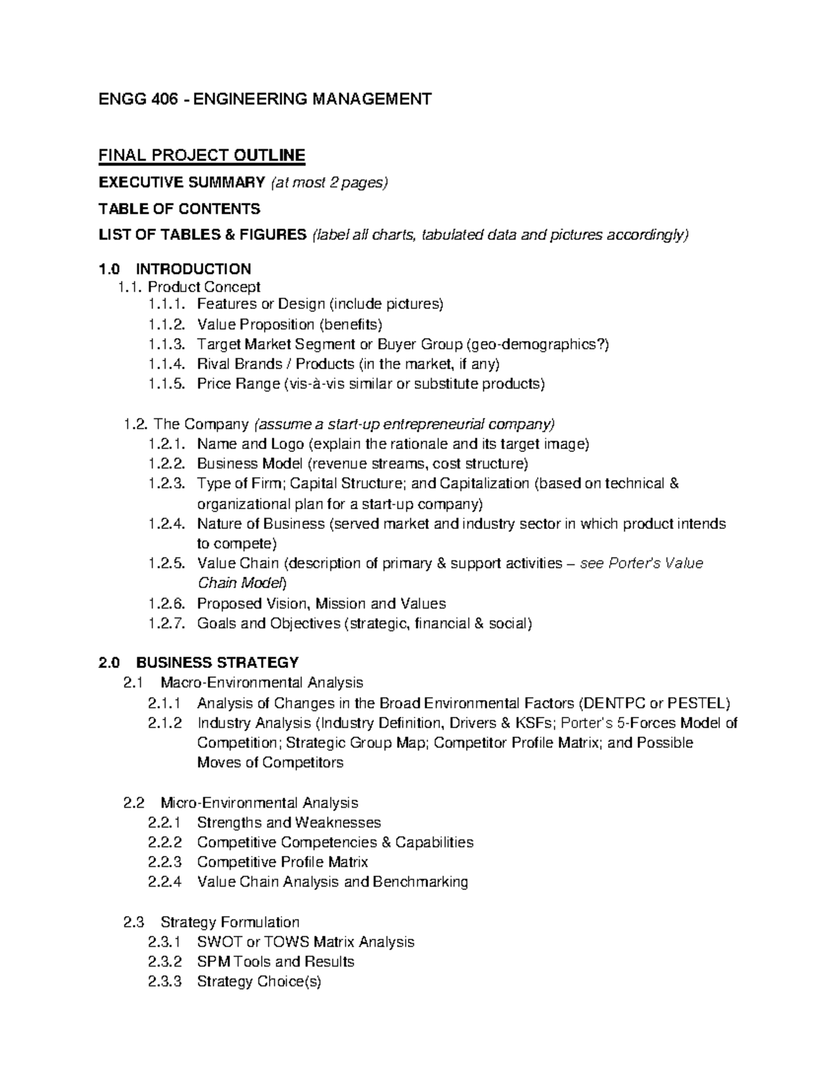 Final Project outline - ENGG 406 - ENGINEERING MANAGEMENT FINAL PROJECT ...