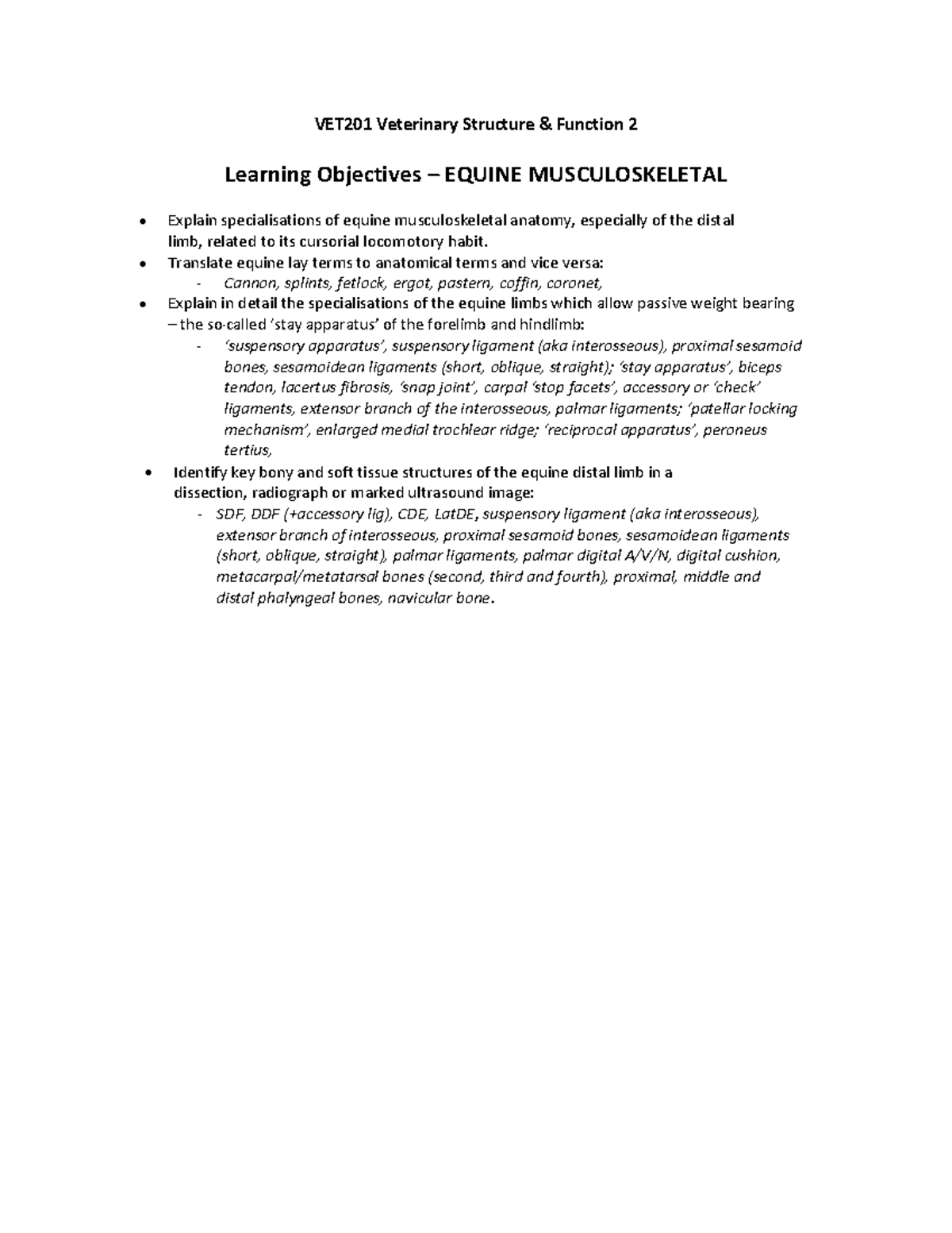 VET201 Equine LOs 2024 - VET201 Veterinary Structure & Function 2 ...