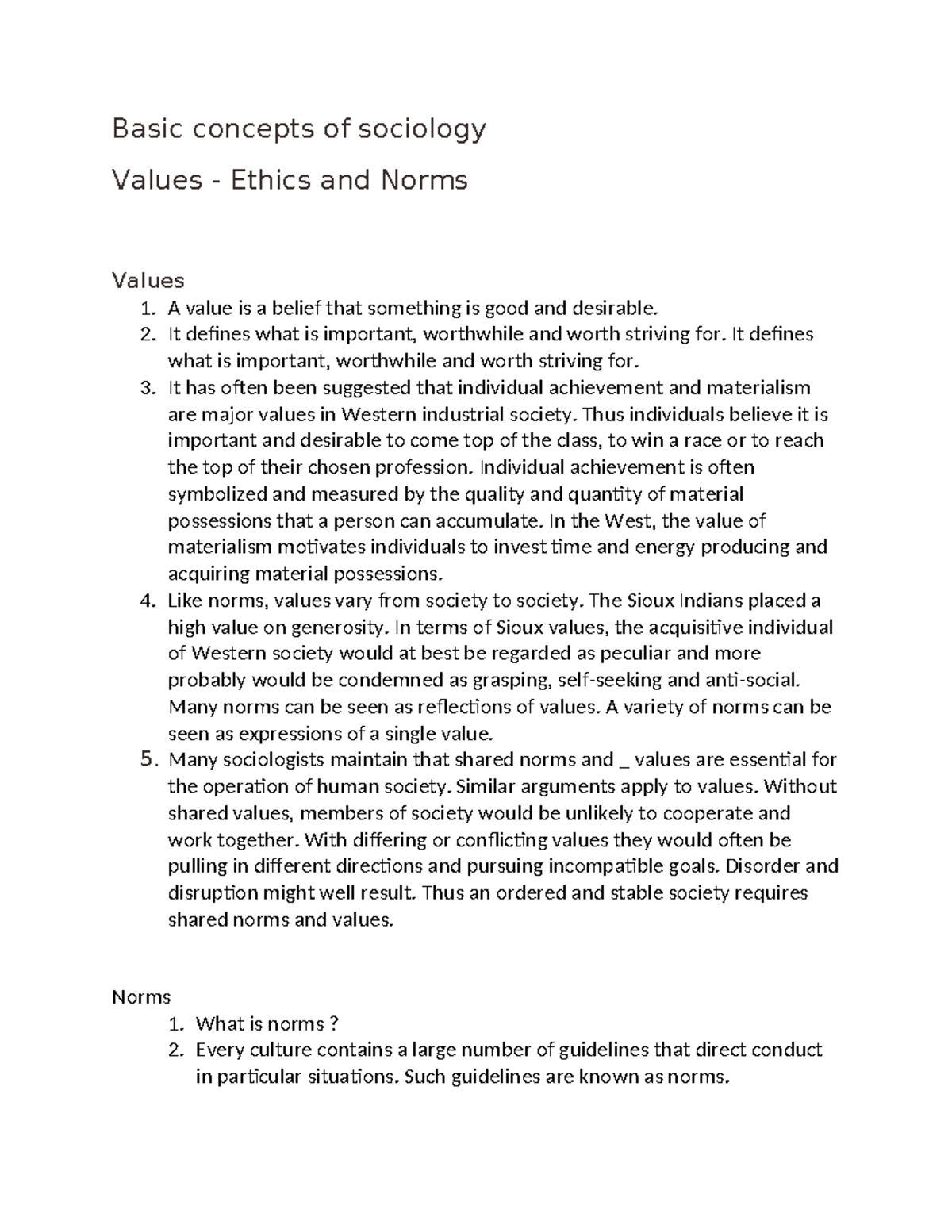 Sociology notes - Basic concepts of sociology Values - Ethics and Norms ...