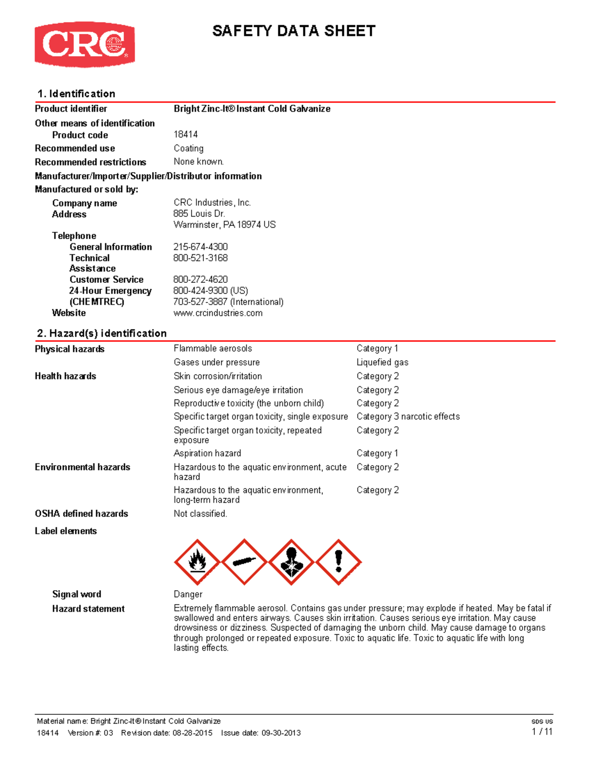 CRC Bright - msds - SAFETY DATA SHEET 1. Identification Product ...