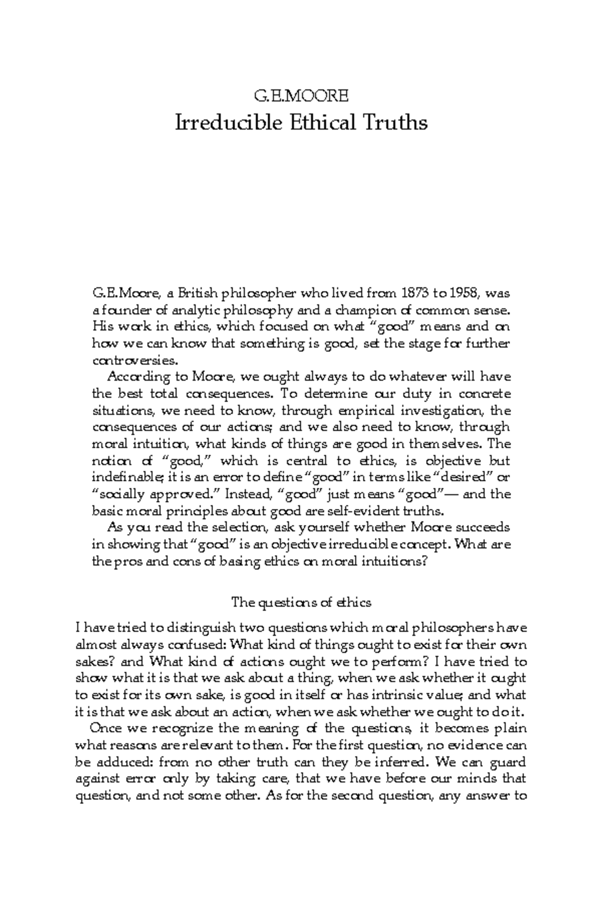 GE Moore-Irreducible Ethical Truths - G.E Irreducible Ethical Truths G ...