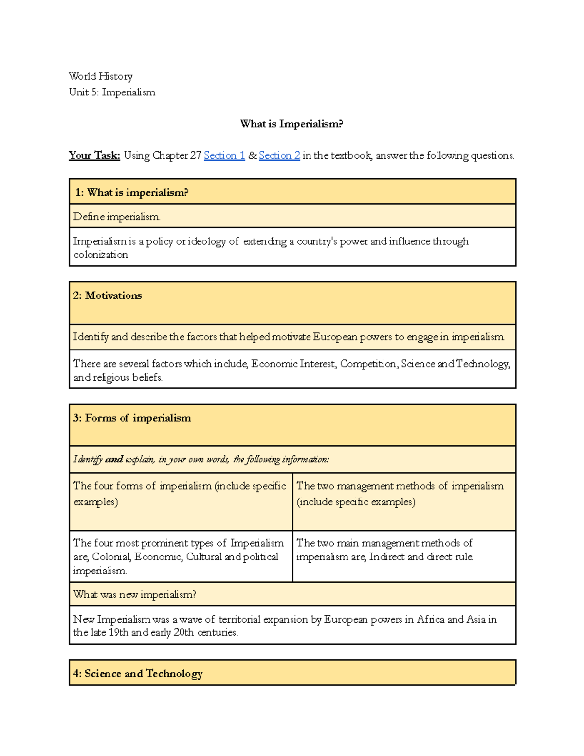Imperialism Textbook Notes - 9231008 - World History Unit 5 ...