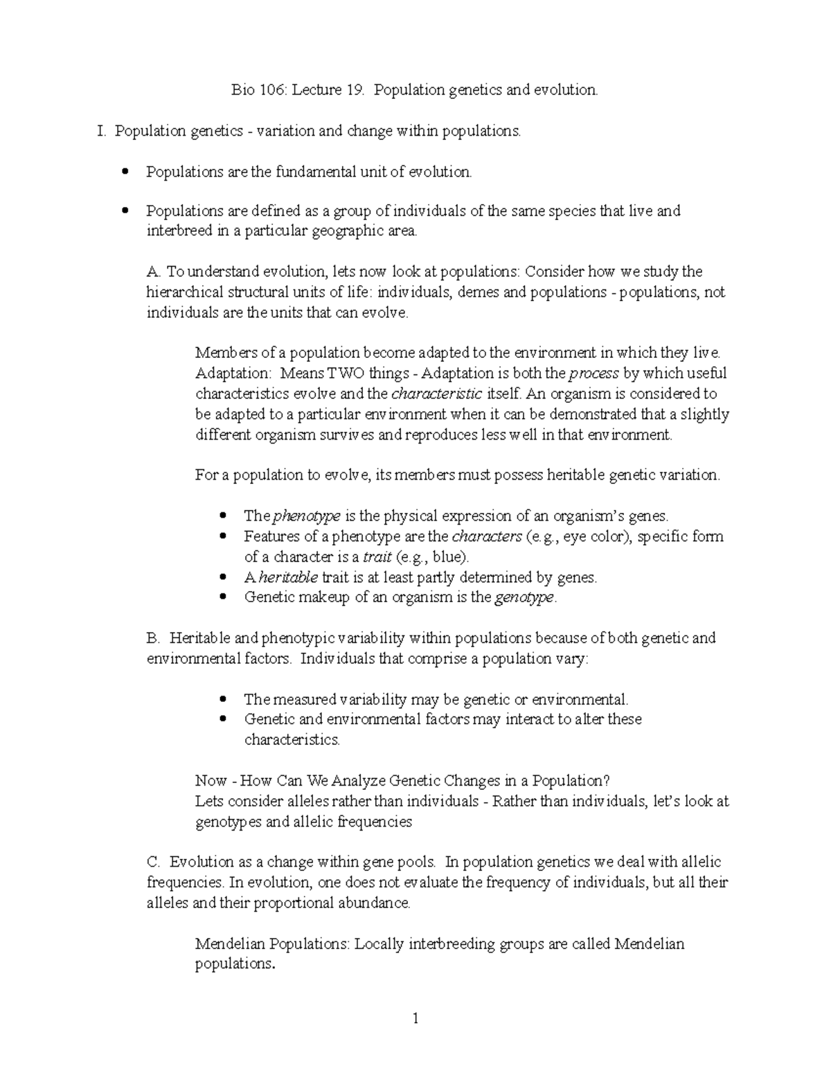 Lecture 19, Outline - notes - Bio 106: Lecture 19. Population genetics ...