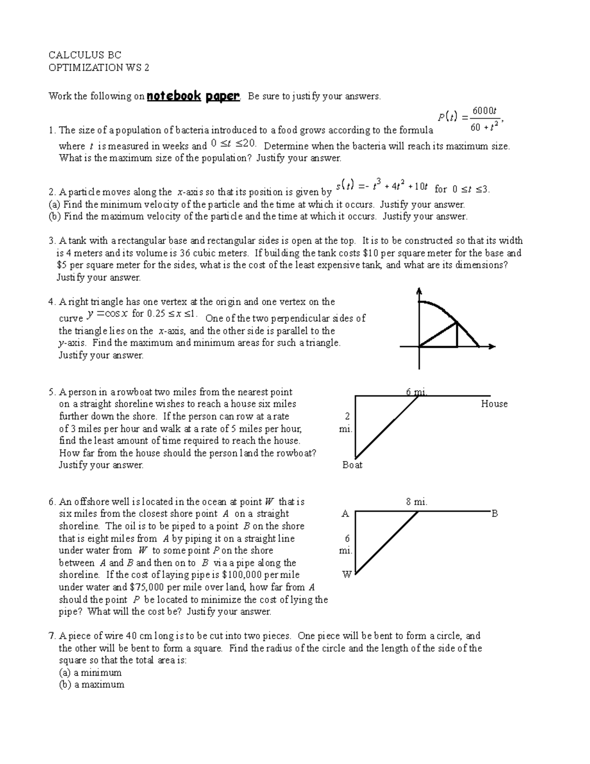 2 Optimization WS 2 with Answers - CALCULUS BC OPTIMIZATION WS 2 Work the following on notebook ...