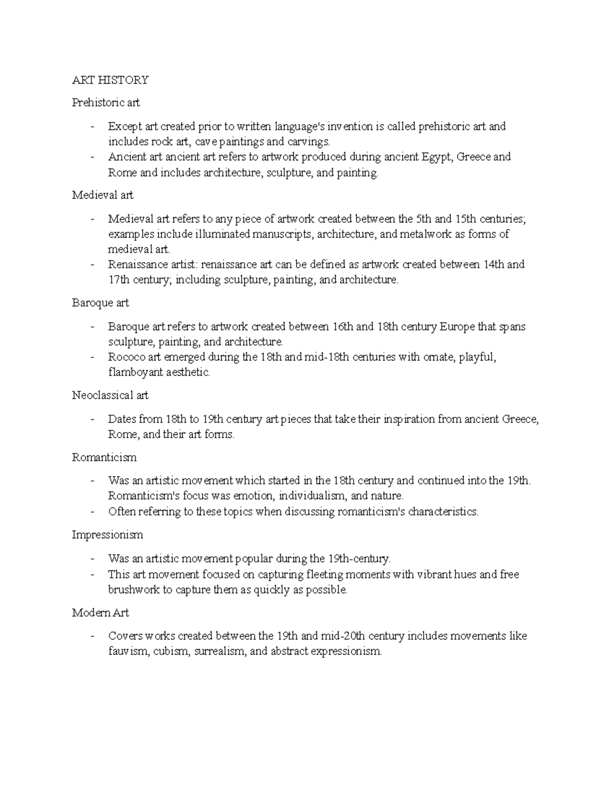 ART History Notes 1 - ART HISTORY Prehistoric art Except art created ...