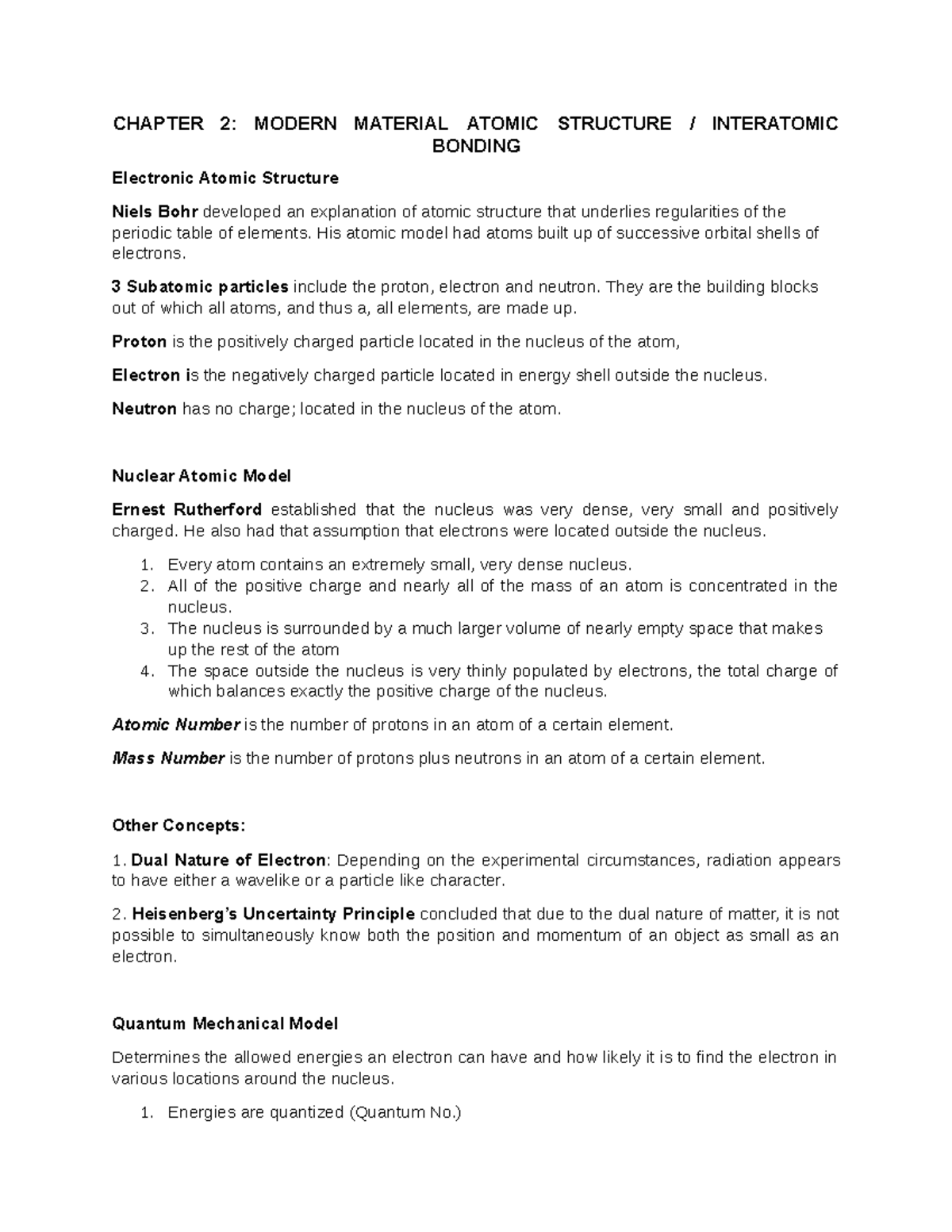 Chapter 2 - CHAPTER 2: MODERN MATERIAL ATOMIC STRUCTURE / INTERATOMIC ...