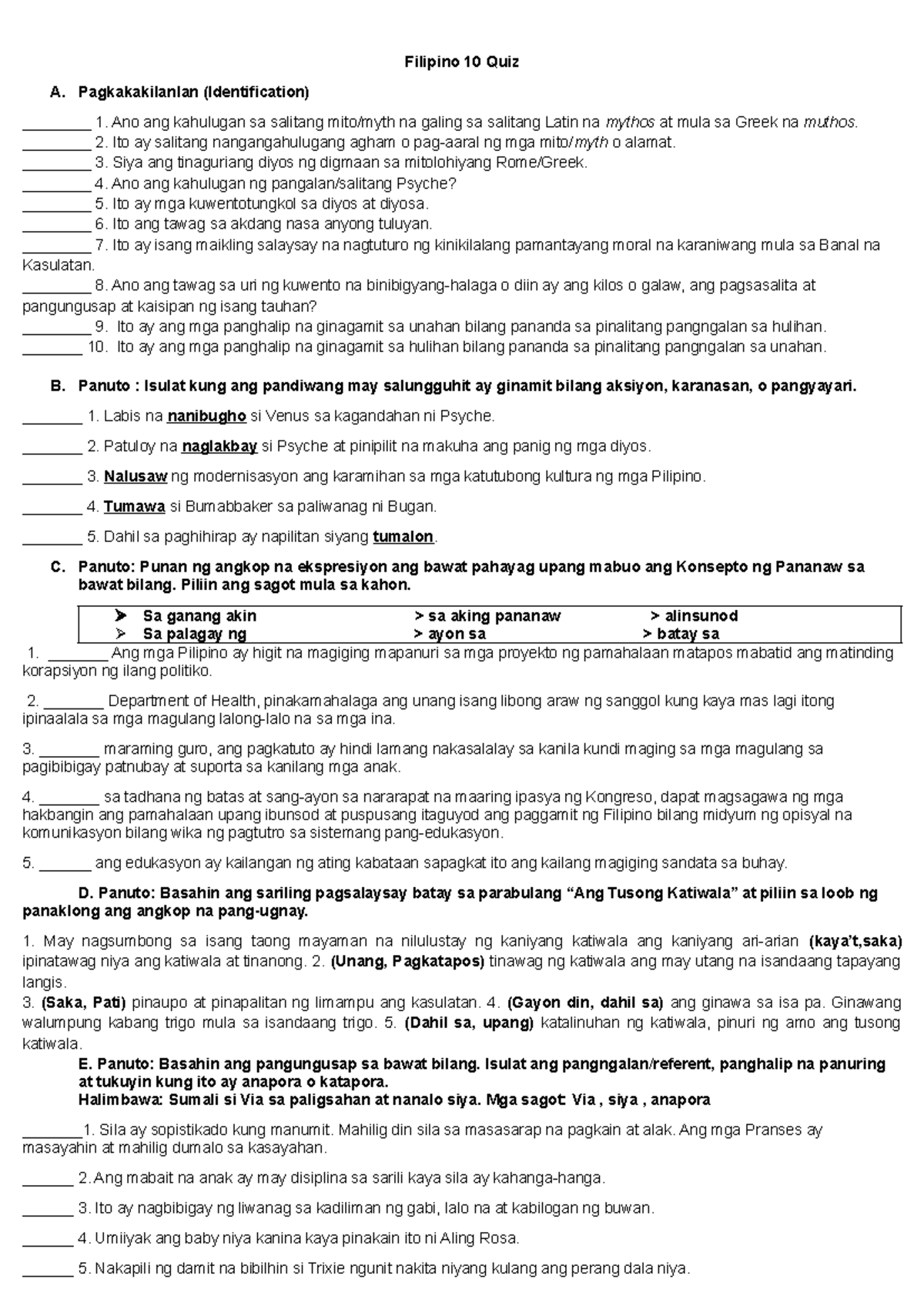 Filipino-10-Reviewer - Filipino 10 Quiz A. Pagkakakilanlan ...