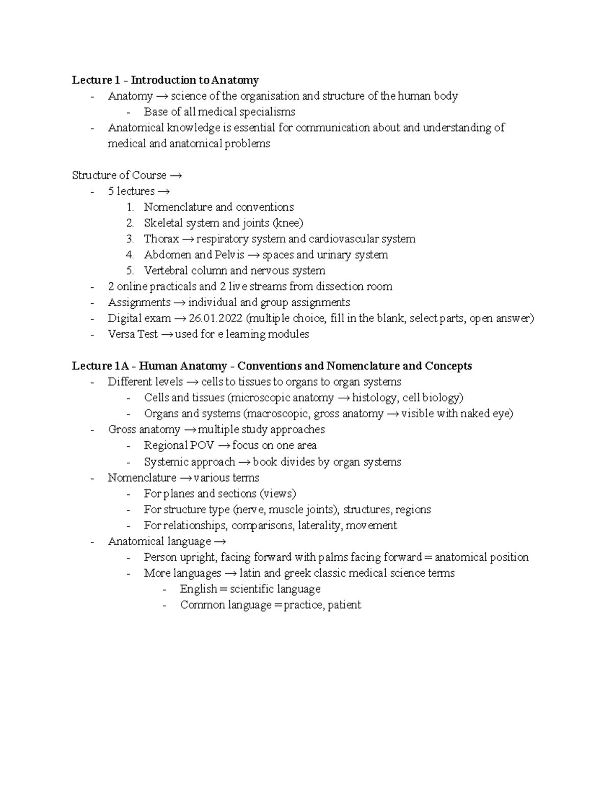 Anatomy Lecture Notes - Lecture 1 - Introduction to Anatomy - Anatomy → ...