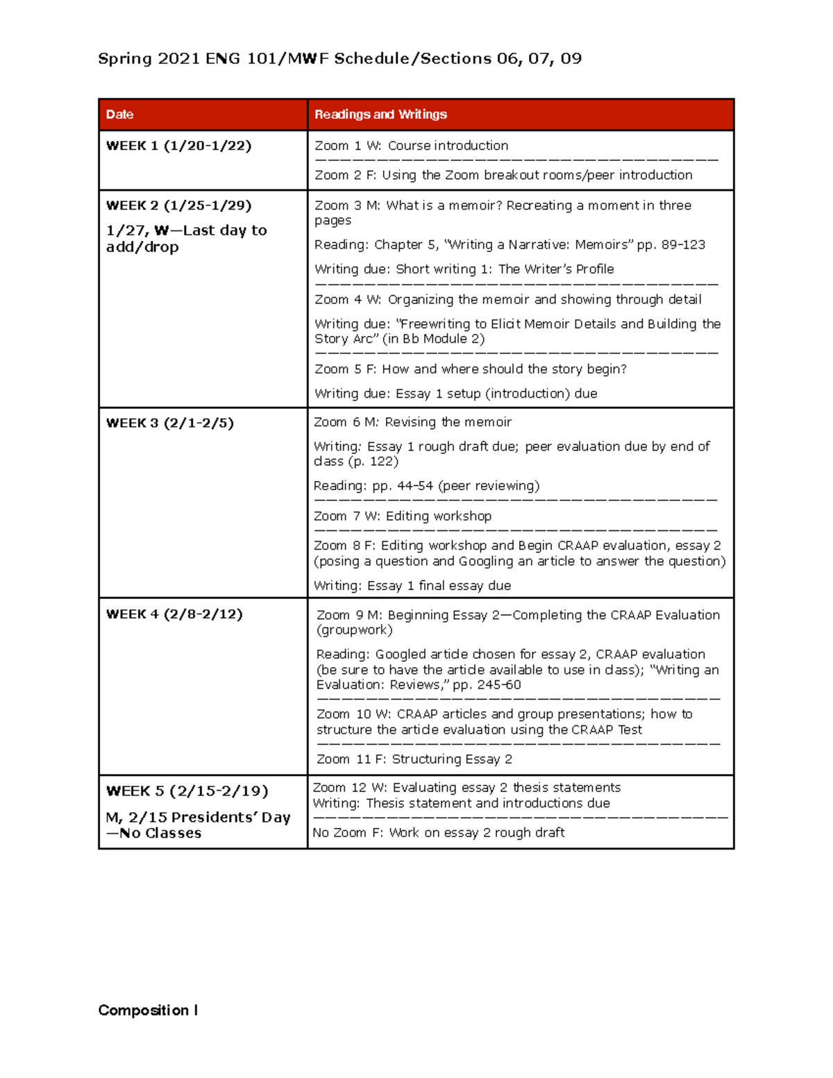 101 schedule spring 2021 MWF - Spring 2021 ENG 101/MWF Schedule ...