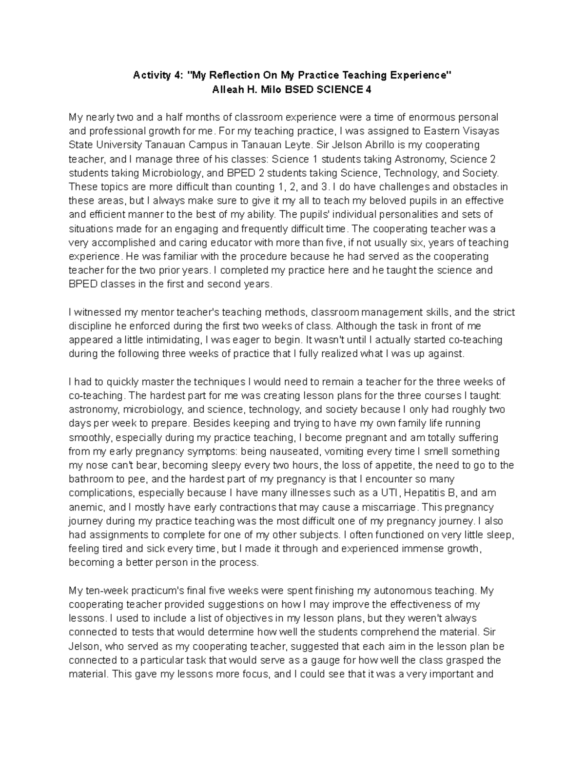 My Reflection On My Practice Teaching Experience - Activity 4: "My ...