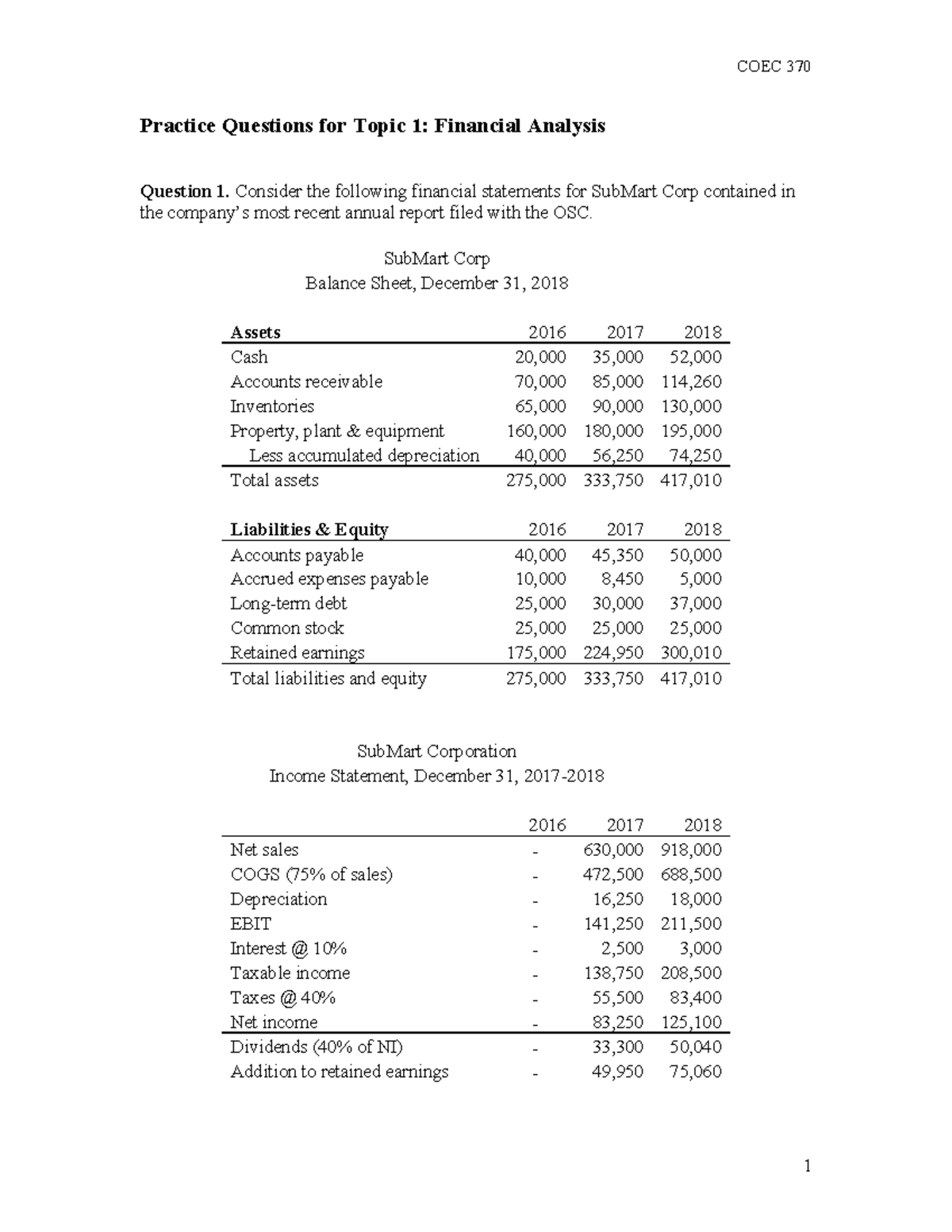 Topic 1 - Financial Analysis - Practice Questions - Practice Questions for Topic 1: Financial ...