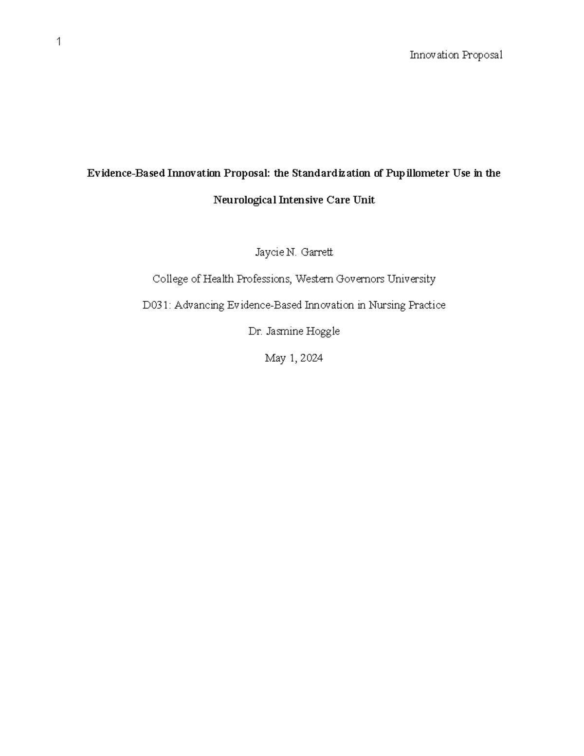 Evidence-Based Innovation Plan - Innovation Proposal Evidence-Based ...