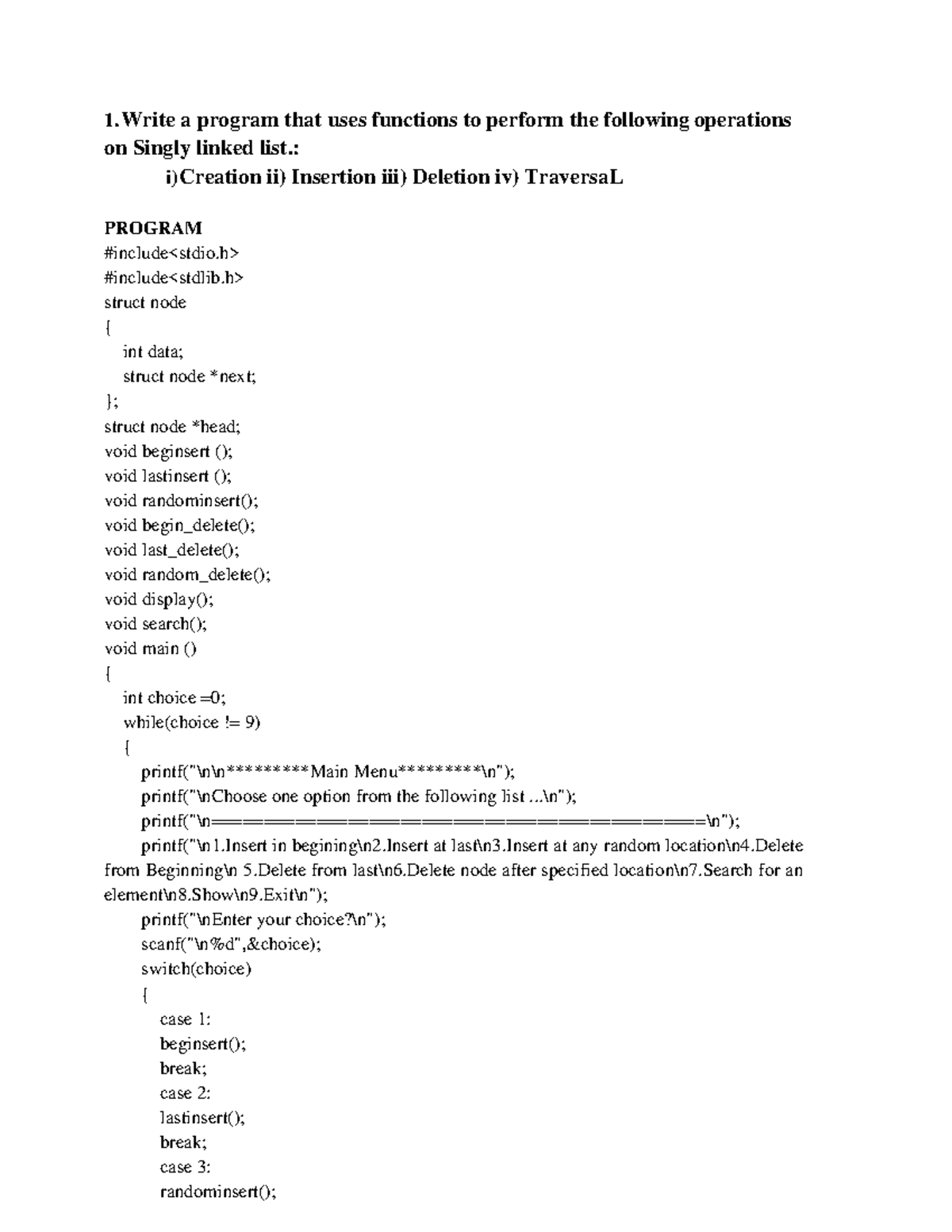 DS LAB Manual - 1. Write a program that uses functions to perform the following operations on ...