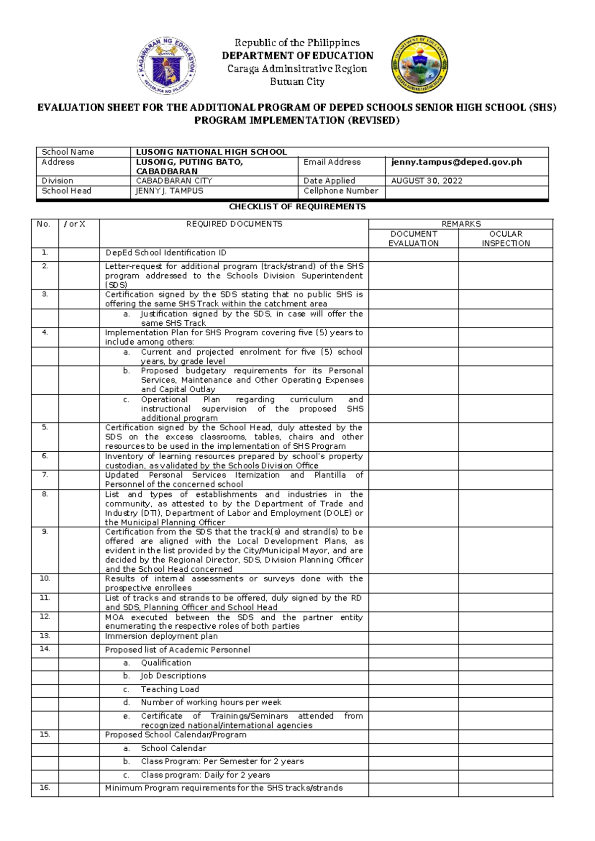 Checklist shs additional program deped 1 - Republic of the Philippines ...