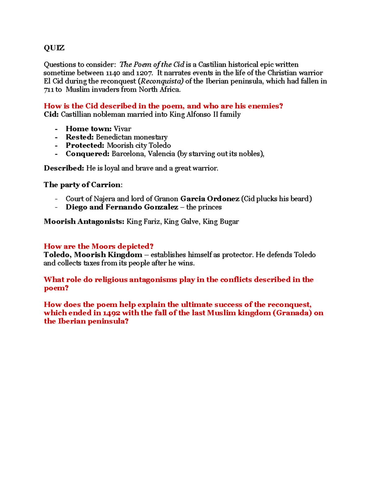 El Cid Chapter Summaries