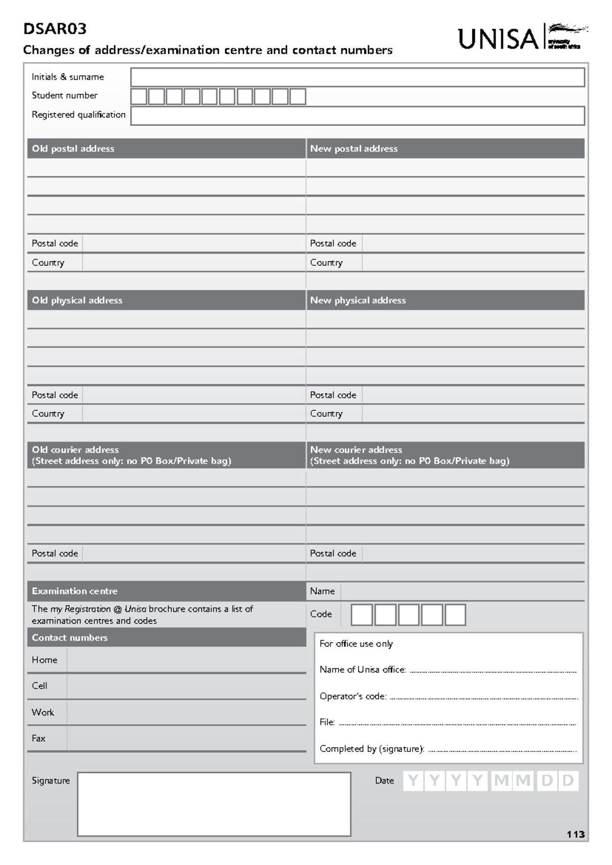 DSAR03 Change of details - my Registration @ Unisa 2012 113 Changes of ...