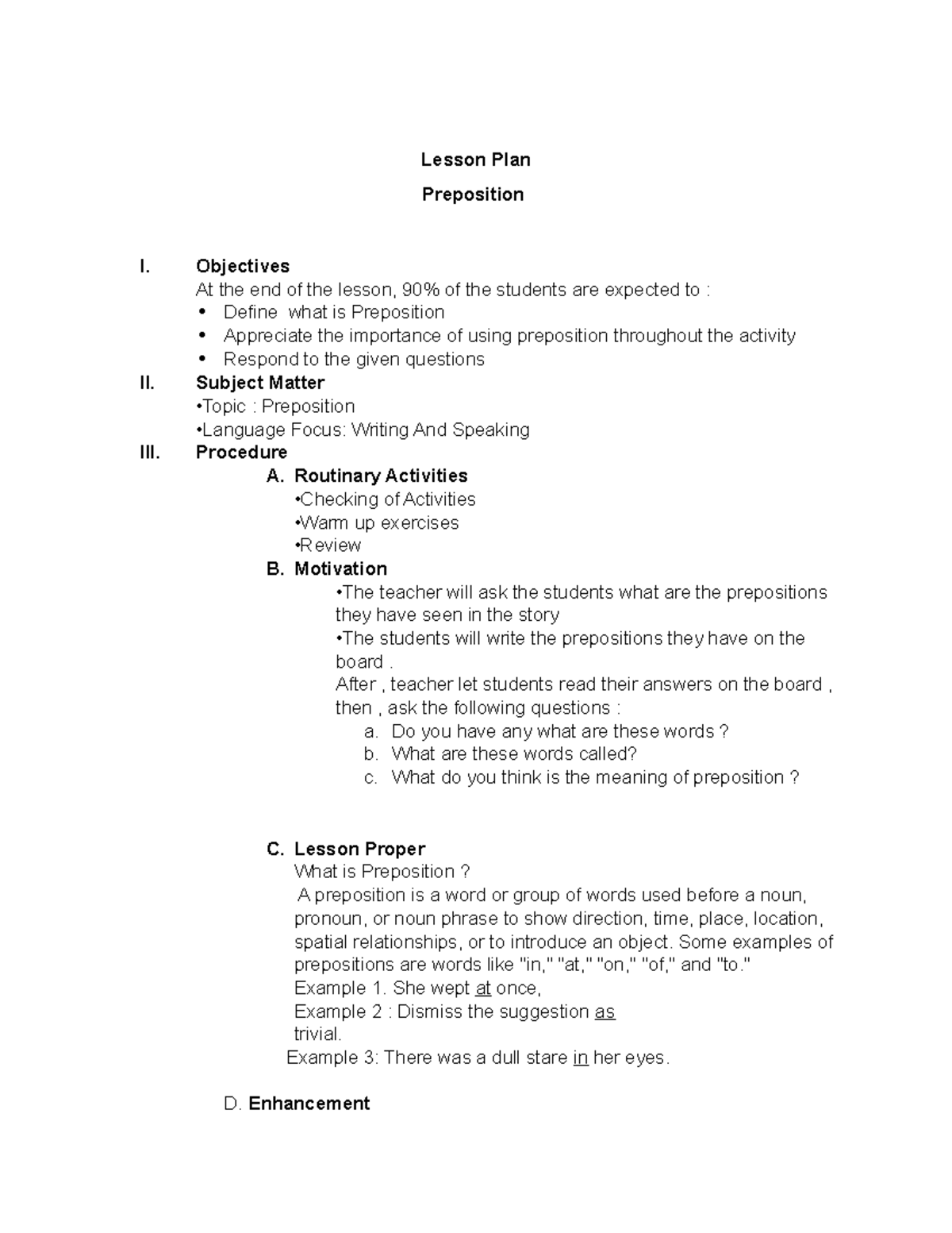 Lesson Plan final exam Preposition(Mam Nafarete) - Lesson Plan Preposition I. Objectives At the ...