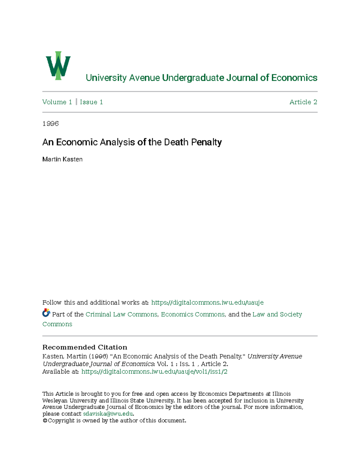 An Economic Analysis of the Death Penalty New - University Avenue ...