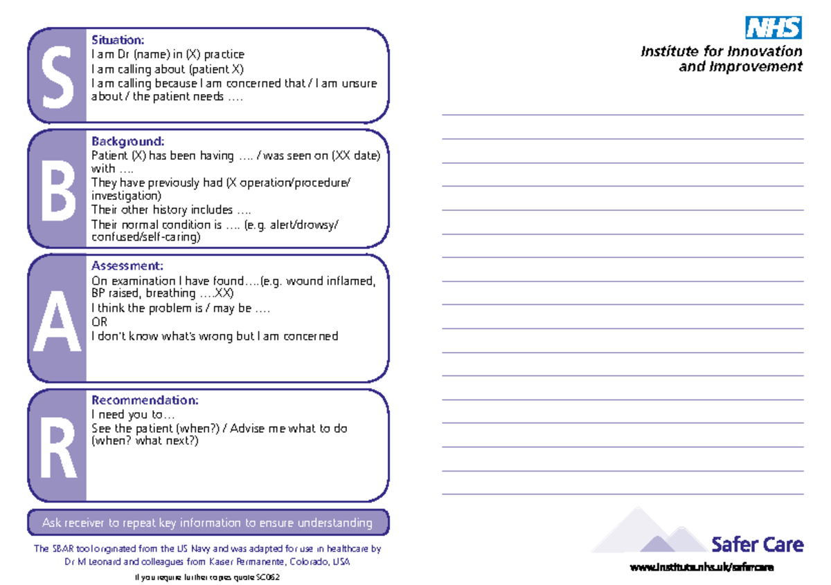 A5 Primary Care SBAR Prompt Pad - Institute for Innovation and ...