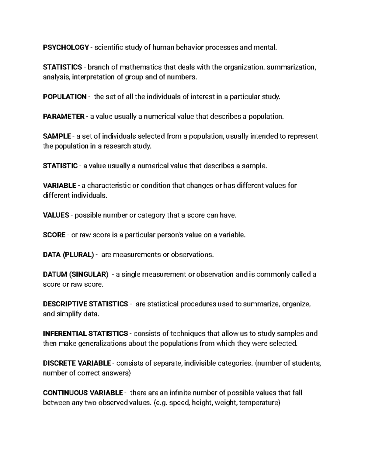 Psych- Stats- Reviewer - PSYCHOLOGY - scientific study of human ...