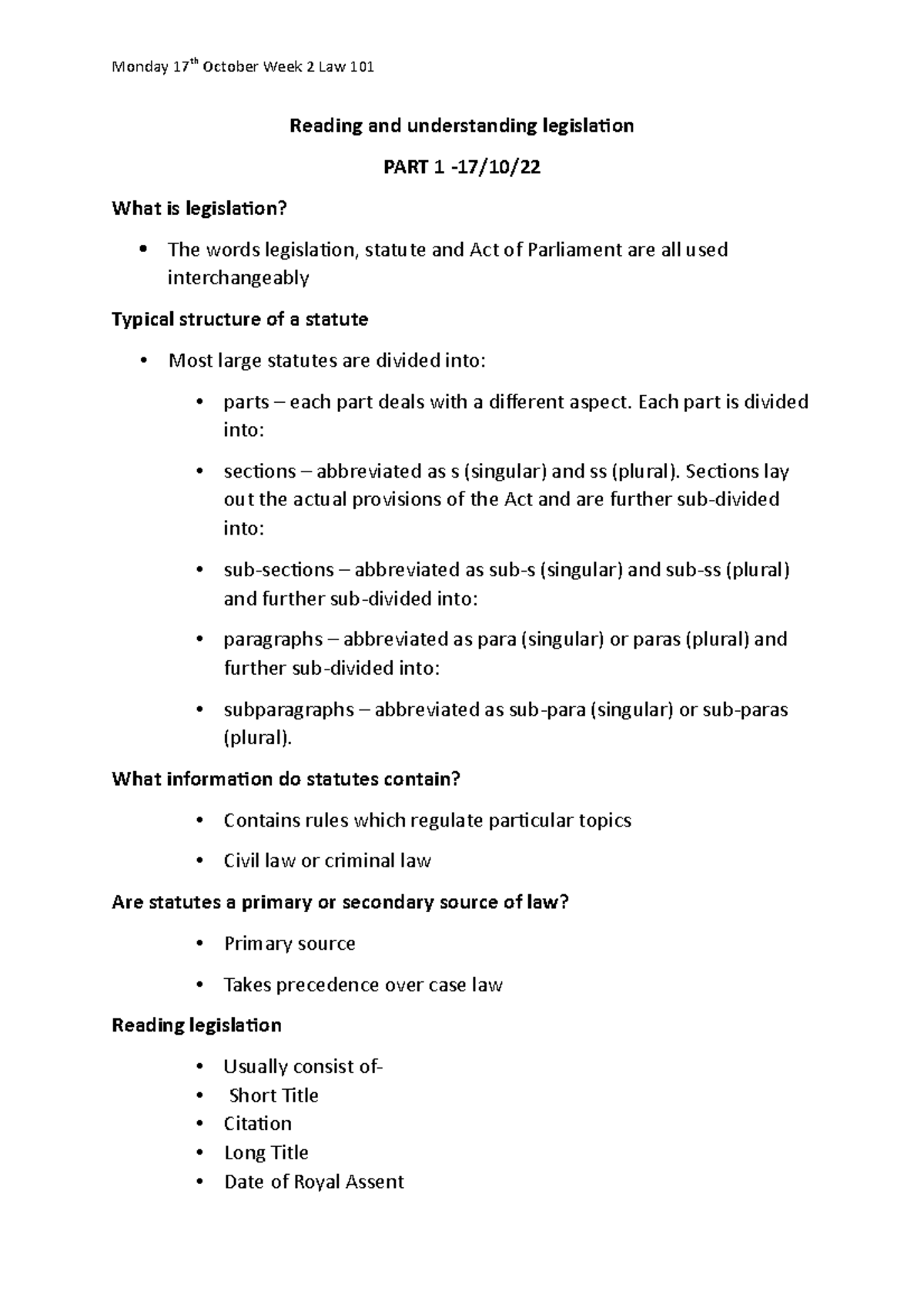 Reading and understanding legislation notes - Reading and understanding ...
