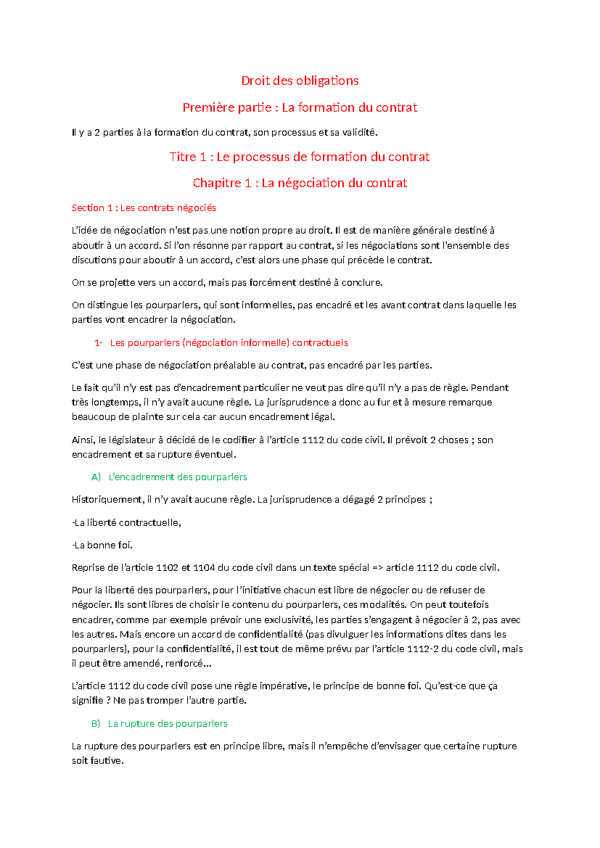 La négociation du contrat - Droit des obligations Première partie : La ...