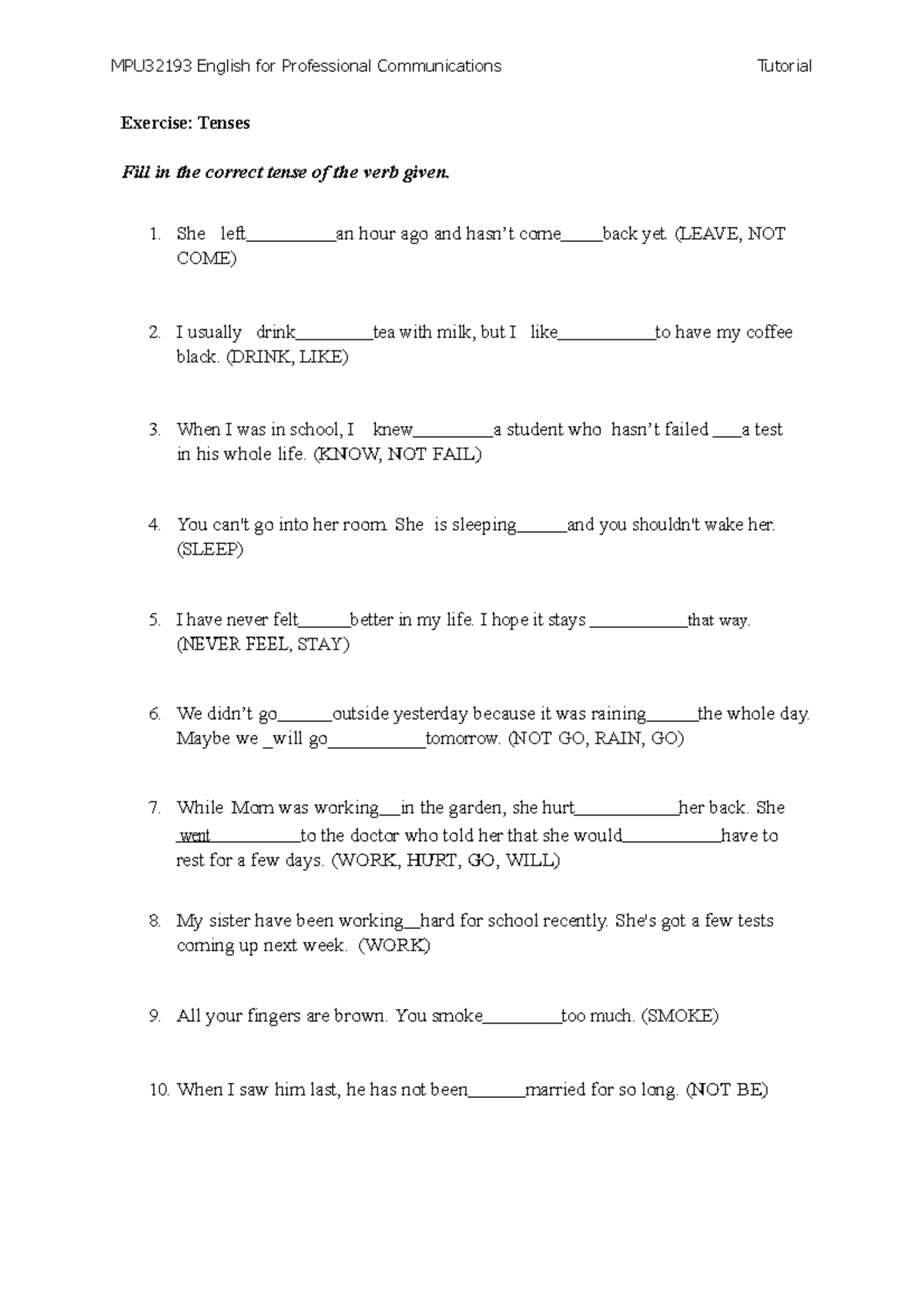 Tutorial - Tenses Exercise - MPU32193 English for Professional ...