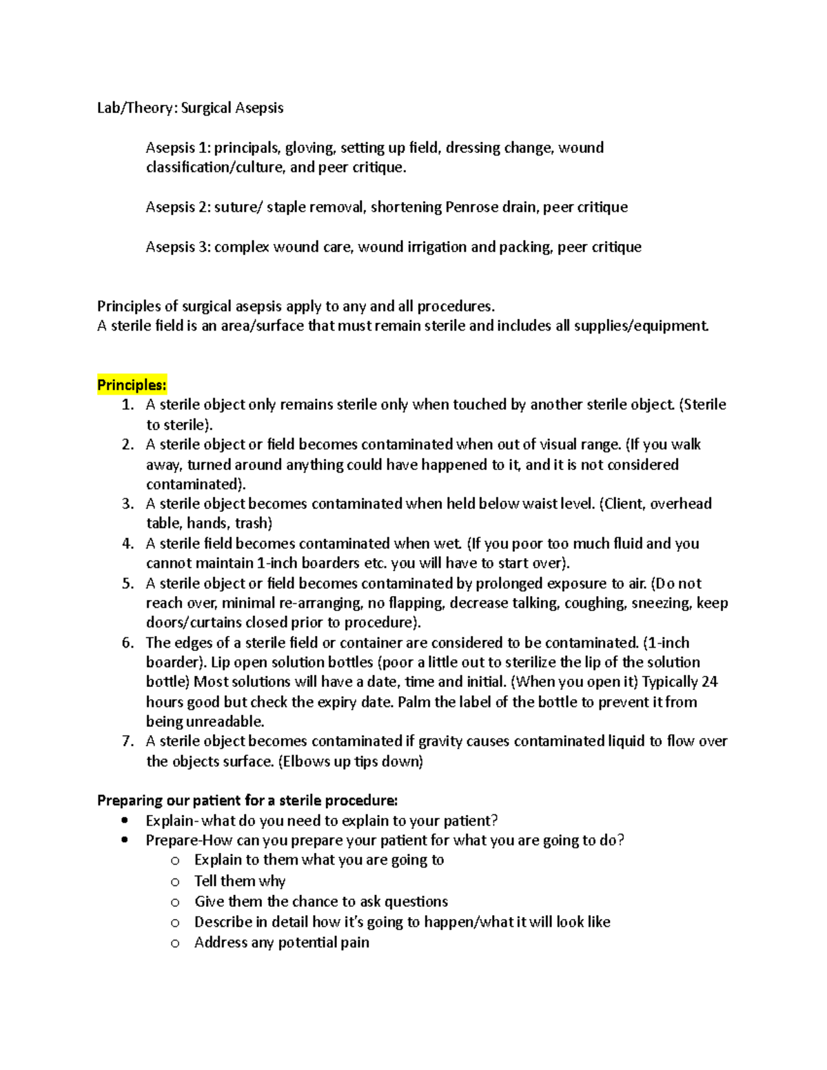 Sterile technique - Lab/Theory: Surgical Asepsis Asepsis 1: principals ...