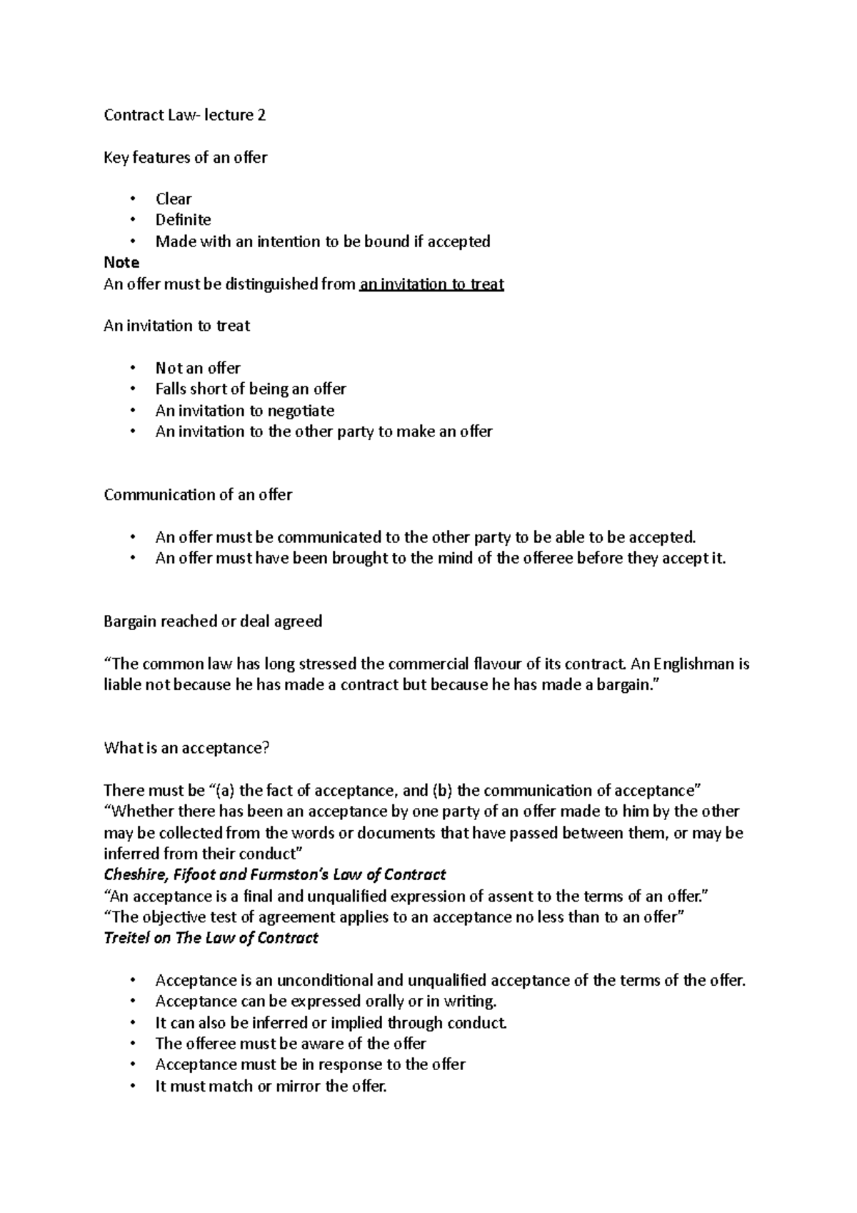 Contract Law- lecture 2 - An offer must have been brought to the mind ...