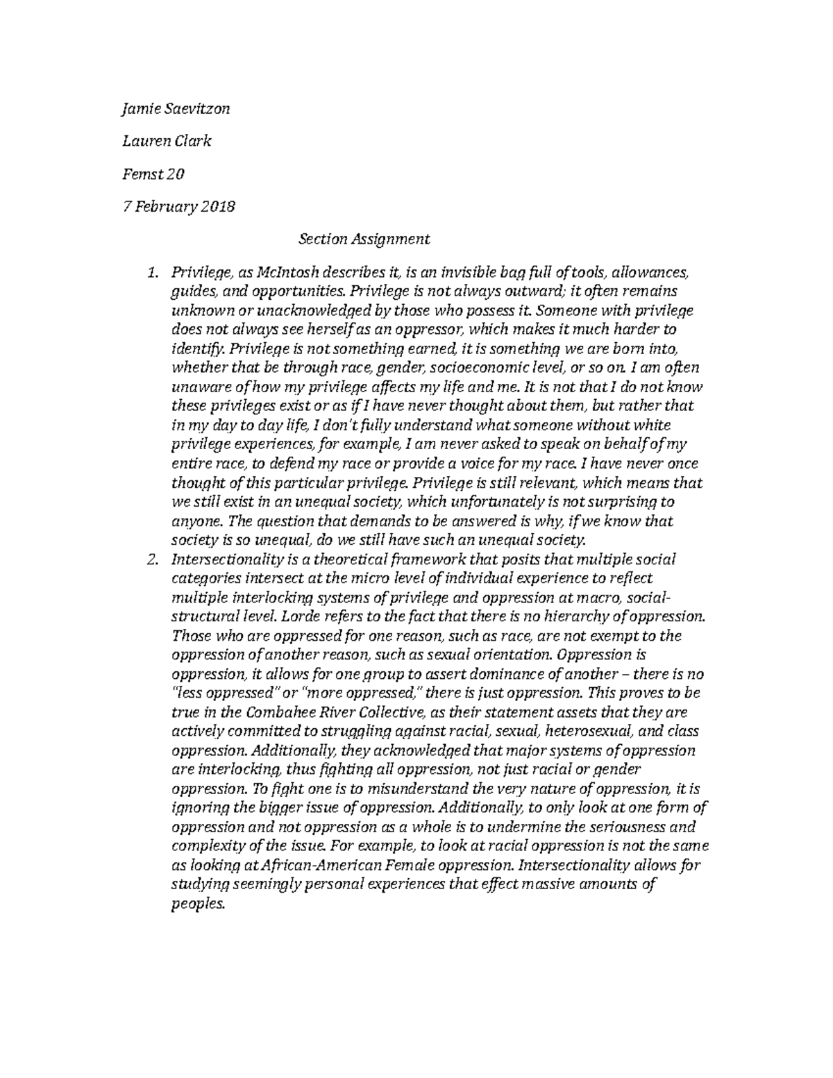 Femsectionassignment - Jamie Saevitzon Lauren Clark Femst 20 7 February ...