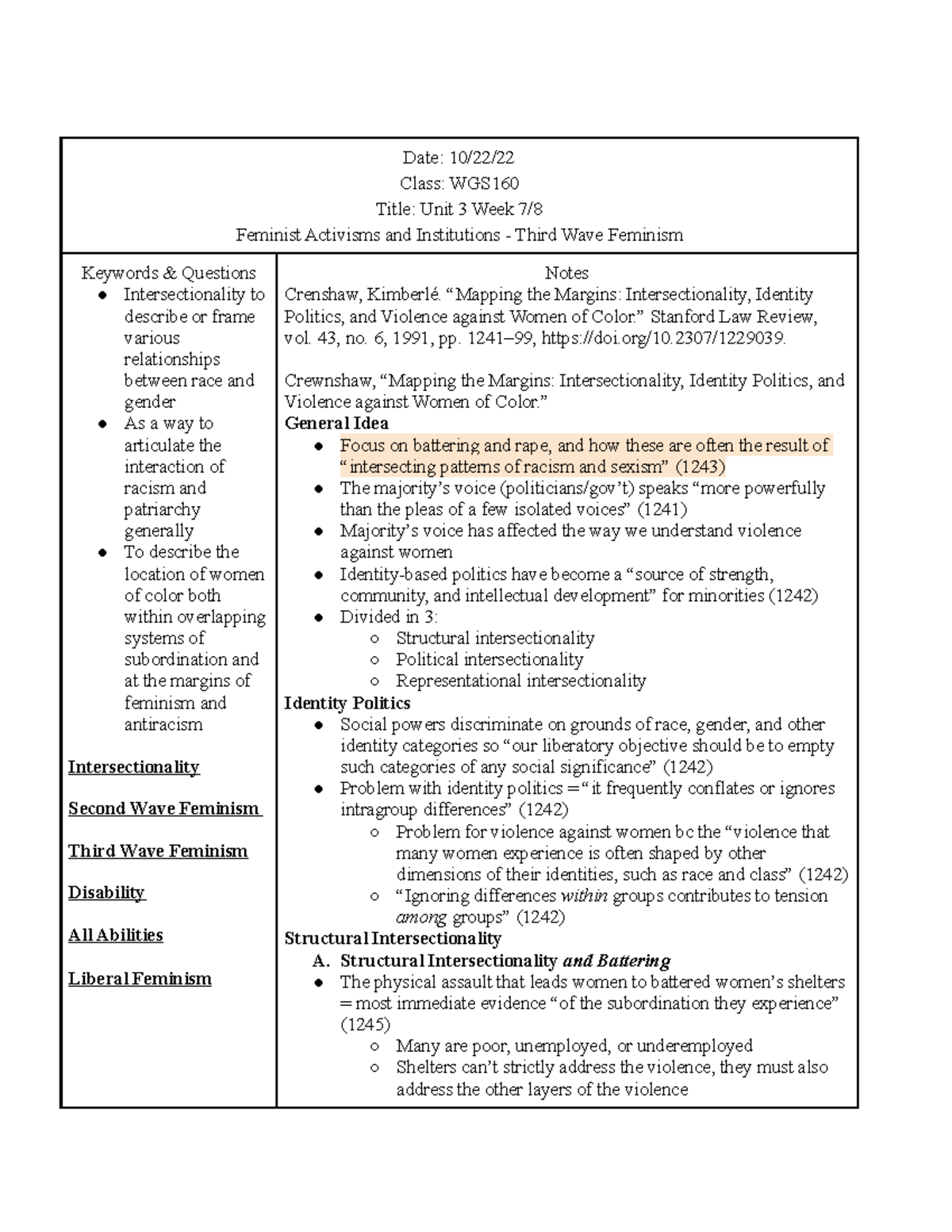 Third Wave Feminism - reading notes dr wafaa hasan - Date: 10/22/ Class ...