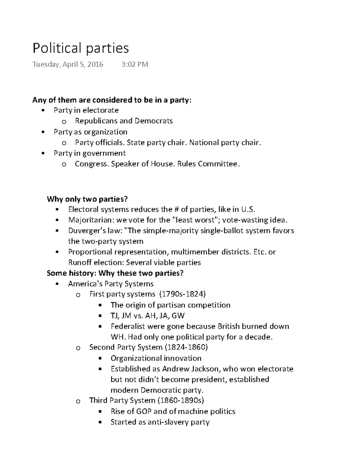 Political parties - Lecture notes 18 - Political parties Tuesday, April ...